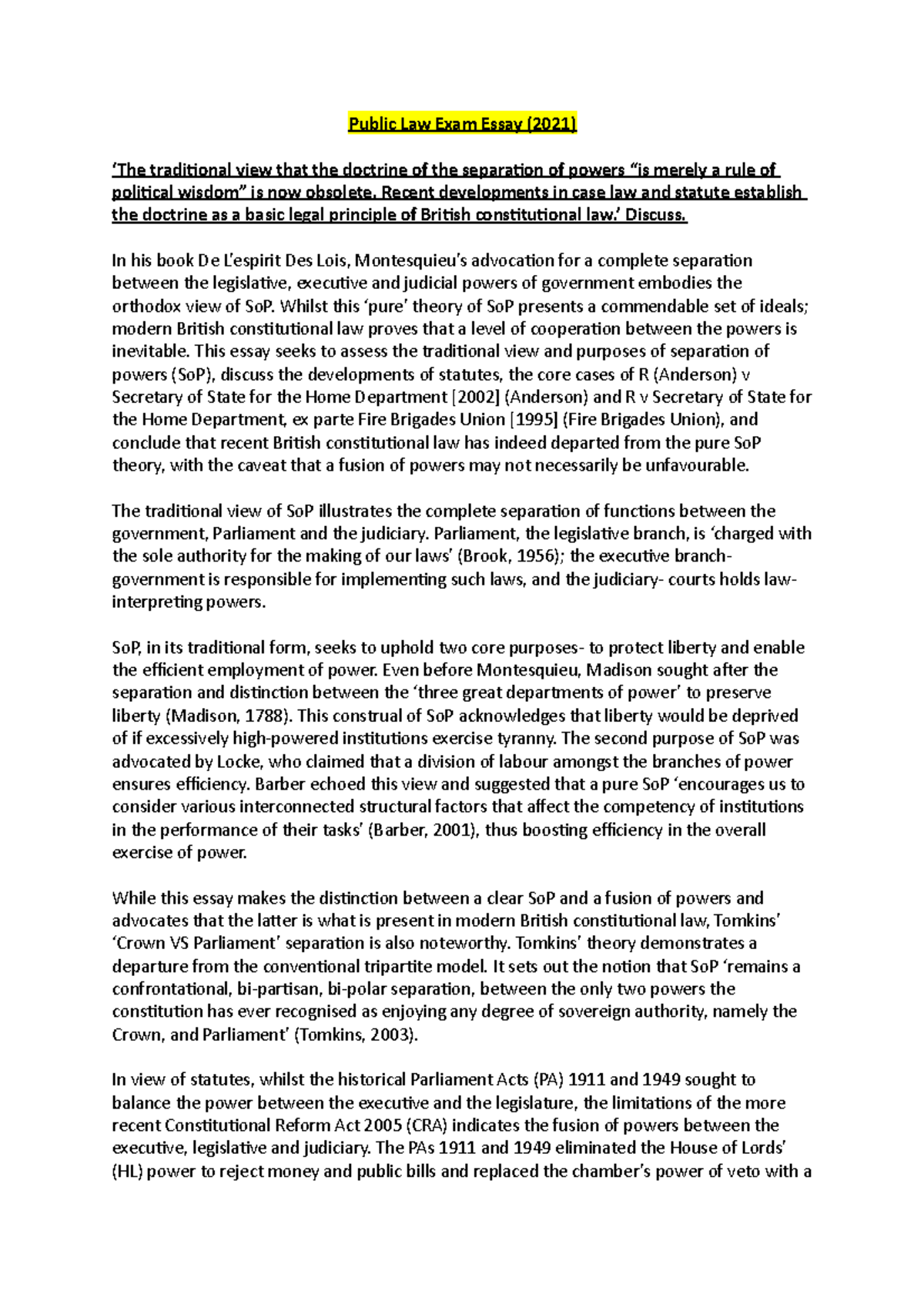 LL106 2021 Exam Essay - Public Law Exam Essay (2021) ‘The traditional ...