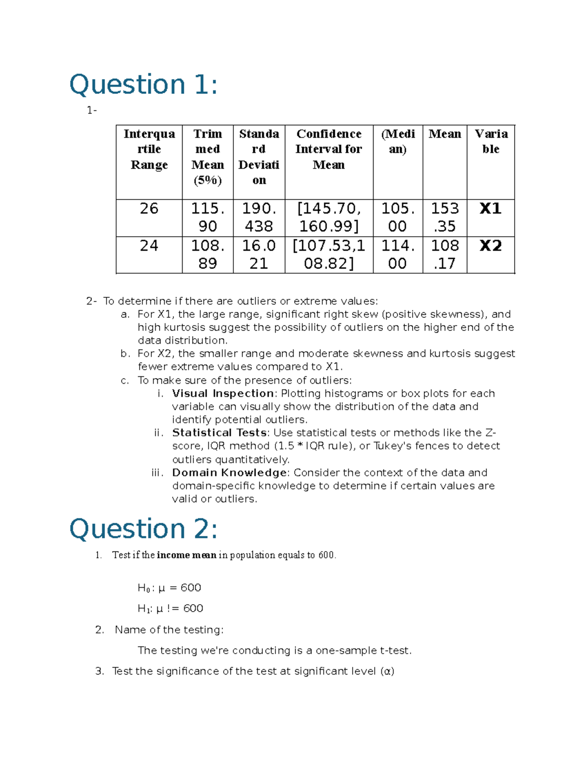 Statistical Methods Assignment - Question 1: 1- Interqua rtile Range Trim med Mean (5%) Standa ...