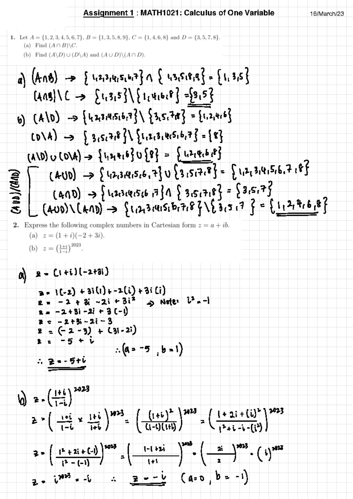 MATH1021 Assignment 1 - MATH1021 - SID: 530488293 Assignment 1 : MATH1021: Calculus of One ...