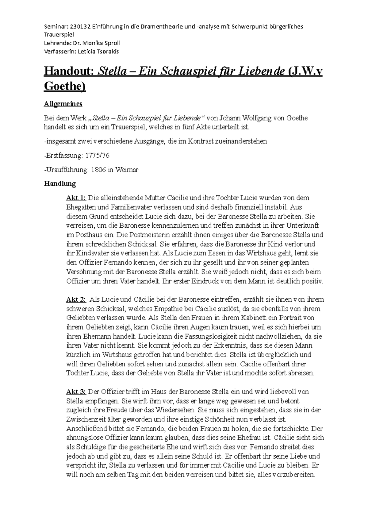 Handout Stella - WISE - Seminar: 230132 Einführung in die Dramentheorie ...