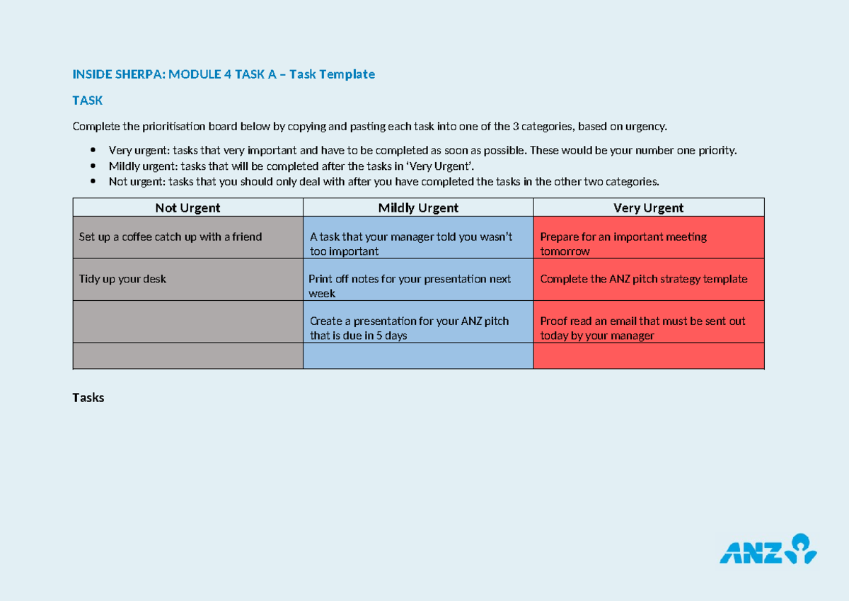 Prioritise - TT - Framework - INSIDE SHERPA: MODULE 4 TASK A – Task Template TASK Complete the ...