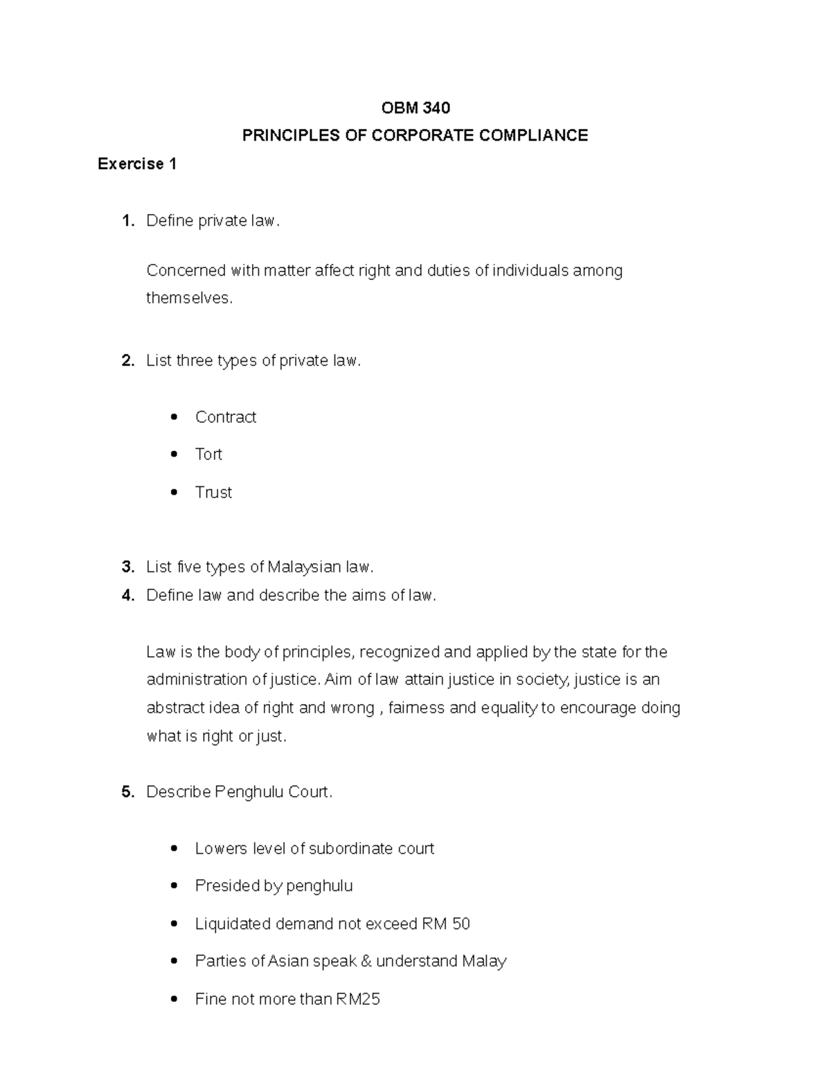 Exercise chapter 1 - Exercise 1 OBM 340 PRINCIPLES OF CORPORATE ...