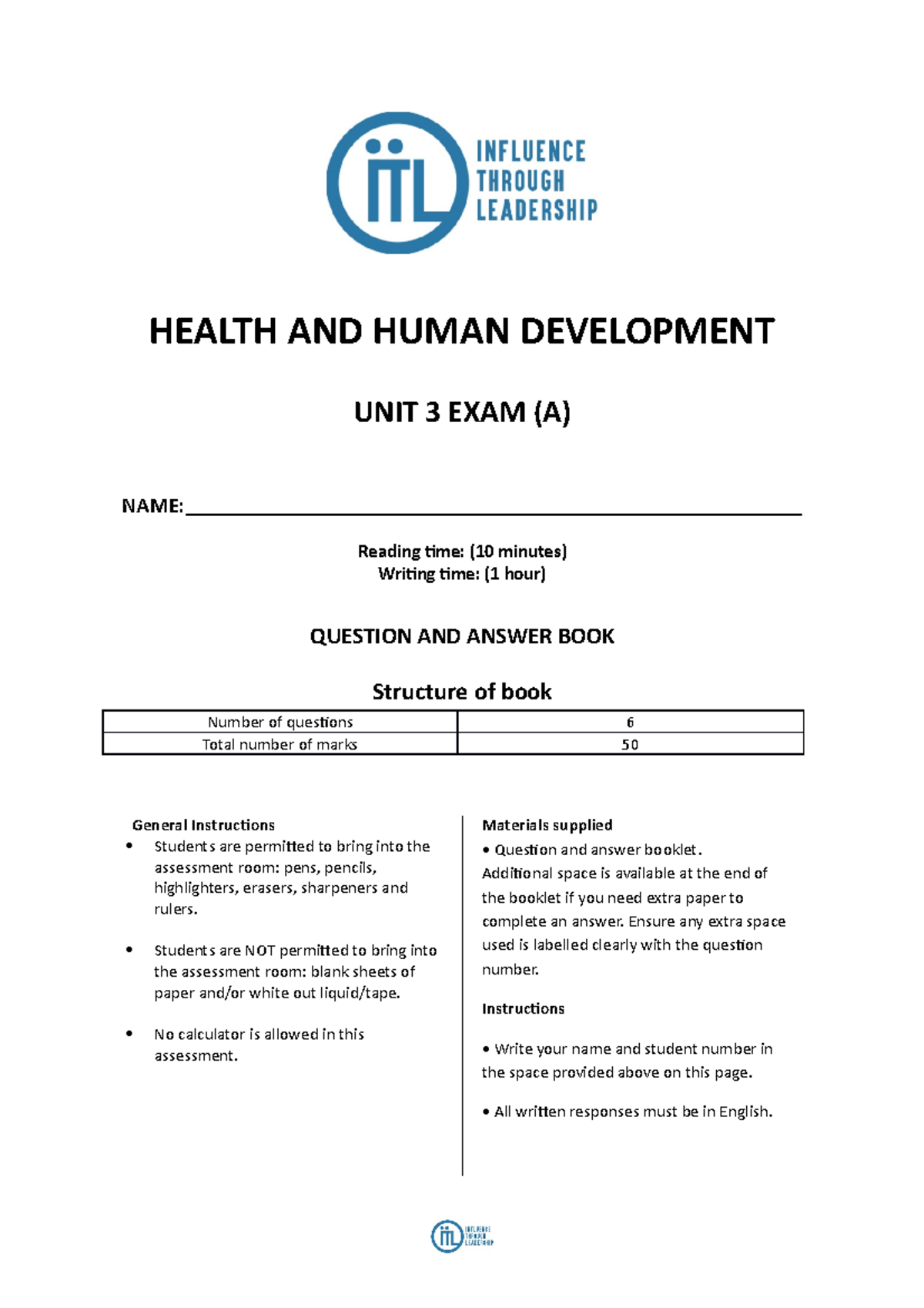Exam 2018 - HEALTH AND HUMAN DEVELOPMENT UNIT 3 EXAM (A) - Studocu