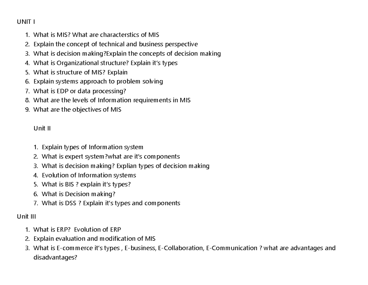 MIS important questions - UNIT I What is MIS? What are characterstics ...