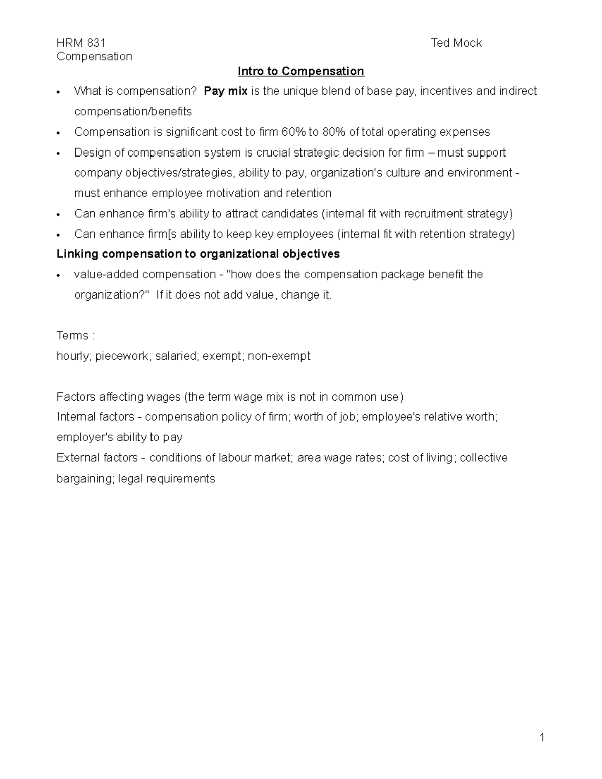 Lecture Notes Intro to Comp - Compensation Intro to Compensation What ...