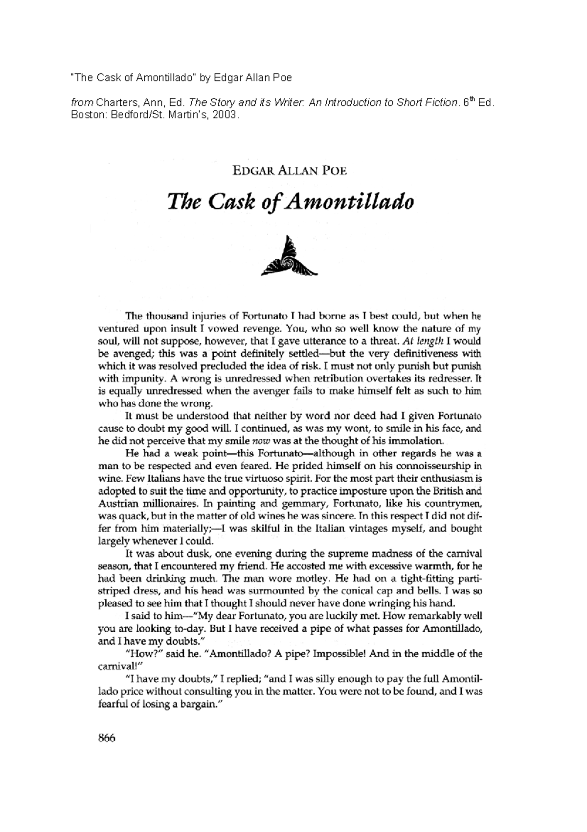 Copy of The Cask of Amontillado - Edgar Allan Poe - “The Cask of ...