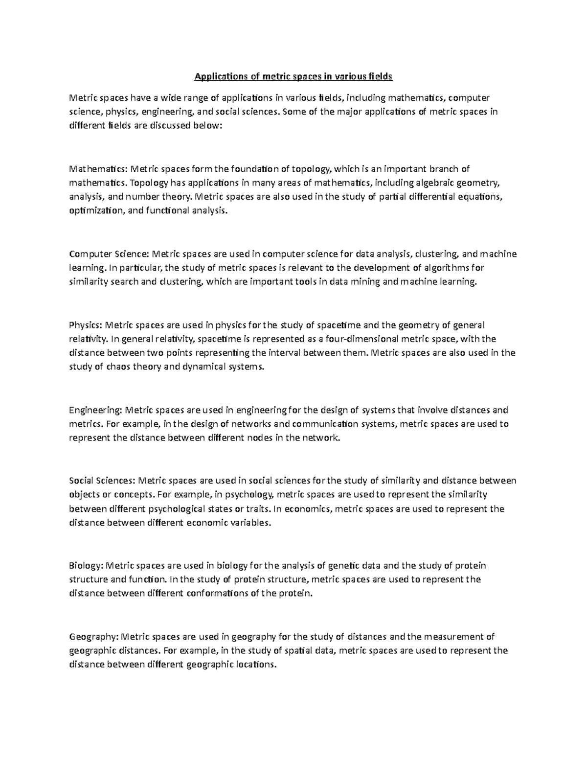 Applications Of Metric Spaces In Various Fields Some Of The Major Applications Of Metric