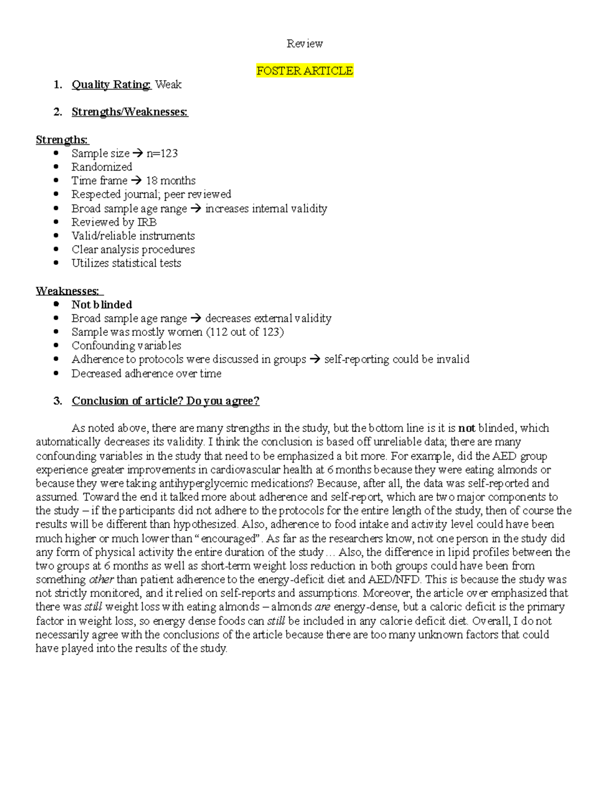 Article Evaluation Assignment - Review FOSTER ARTICLE 1. Quality Rating: Weak 2. - Studocu
