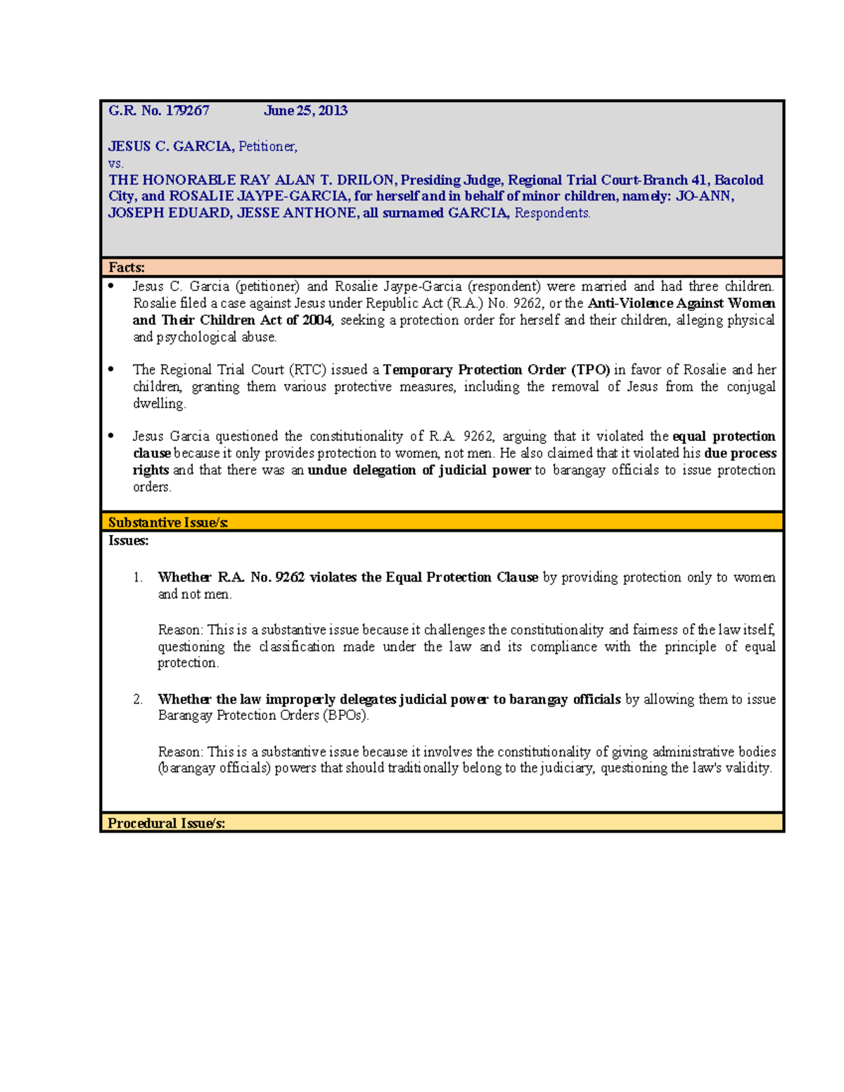 Garcia vs. Drilon, GR#179267, 6/25/2013 - G. No. 179267 June 25, 2013 ...