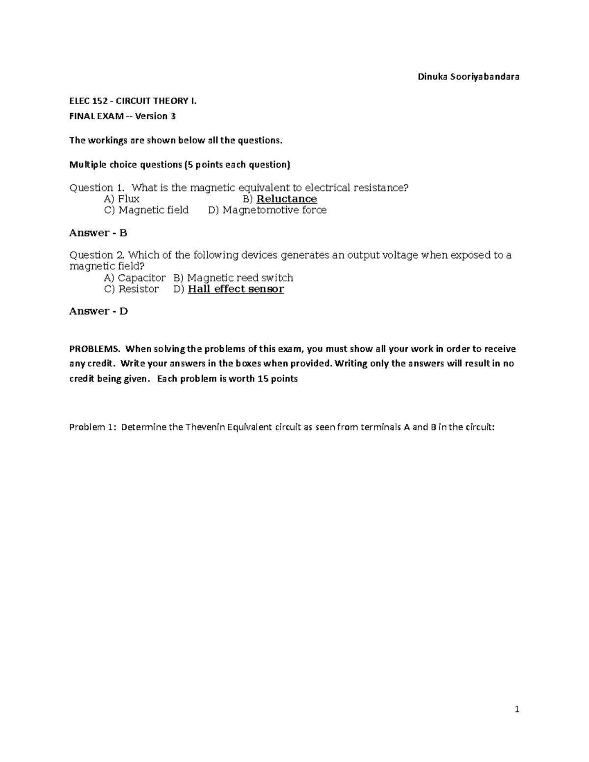 ELEC 152 Final Exam Version 3 Approved - Dinuka Sooriyabandara ELEC 152 - CIRCUIT THEORY I ...