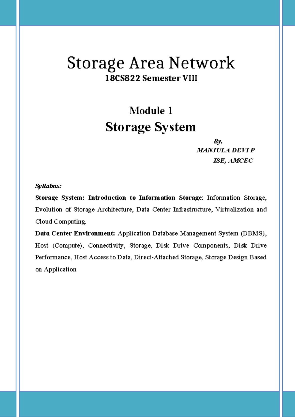 18CS822 SAN Module 1 - This is note for Storage area networks - Storage ...