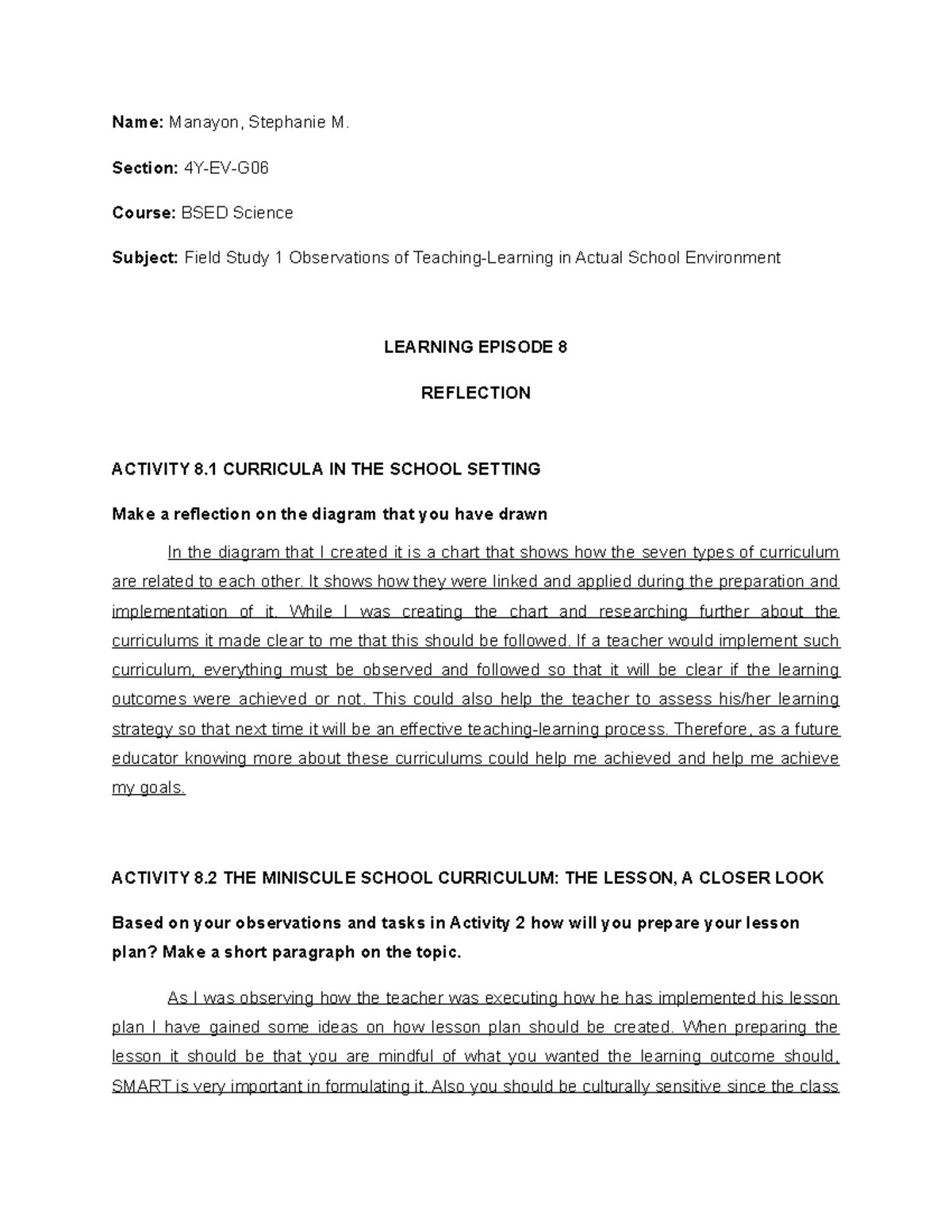 Field Study 1 Observation of Teaching-Learning in Actual School ...