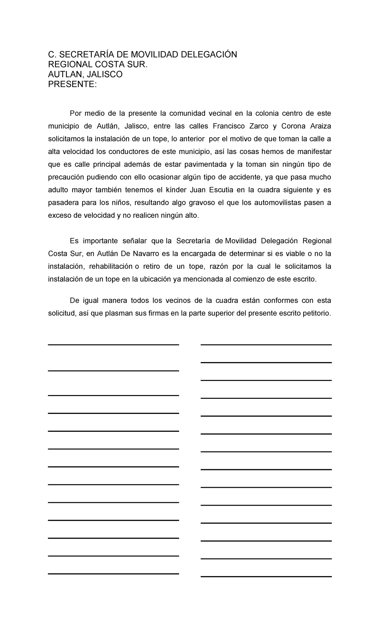 Solicitud DE TOPE - C. SECRETARÍA DE MOVILIDAD DELEGACIÓN REGIONAL ...