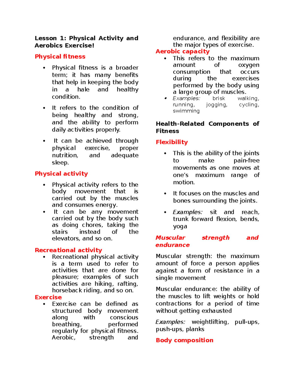 Hope-1 - NOTES ON HOPE - Lesson 1: Physical Activity and Aerobics ...