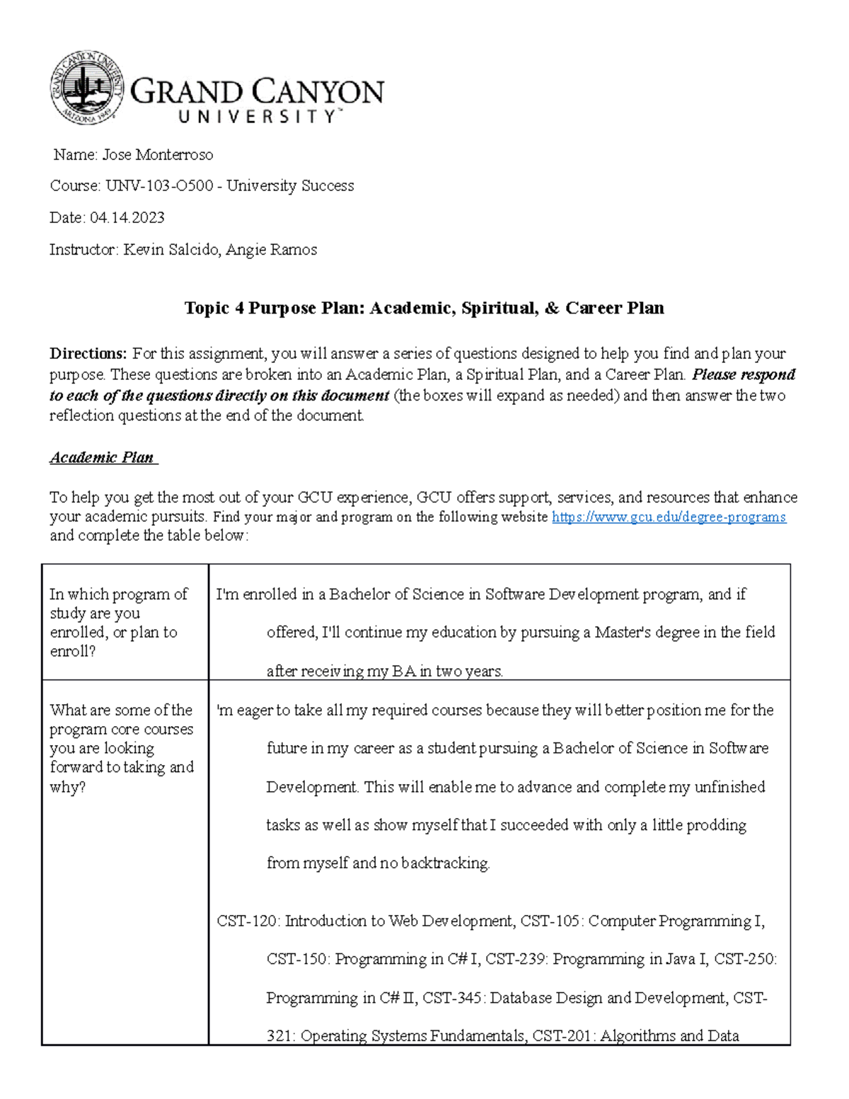 Topic 4 Purpose Plan Academic, Spiritual And Career Plan - Name: Jose ...