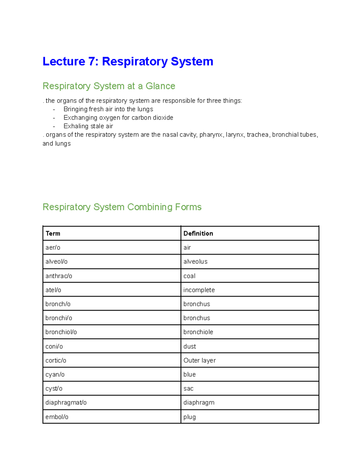 Med term 7 - medical terminology on the respiratory system - Lecture 7 ...