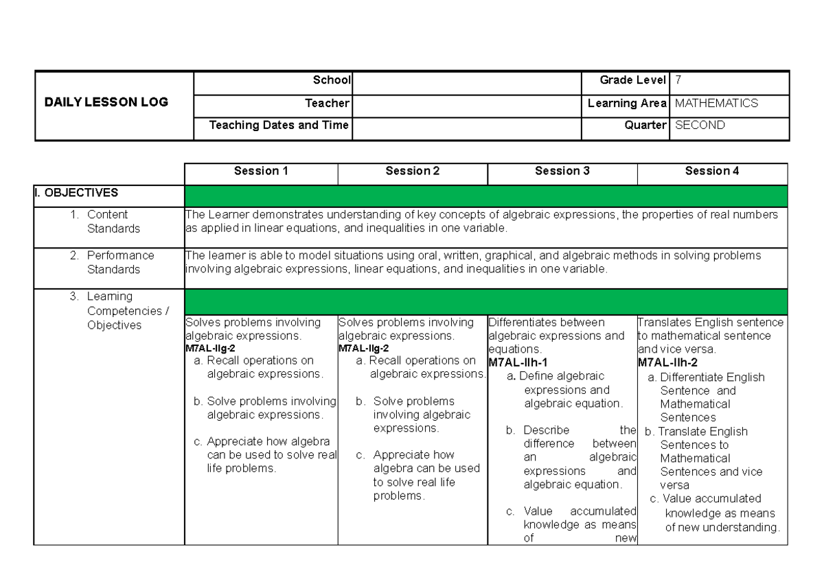 WEEK 7 - Daily Lesson Log Grade 7 Mathematics Quarter 2 - DAILY LESSON ...