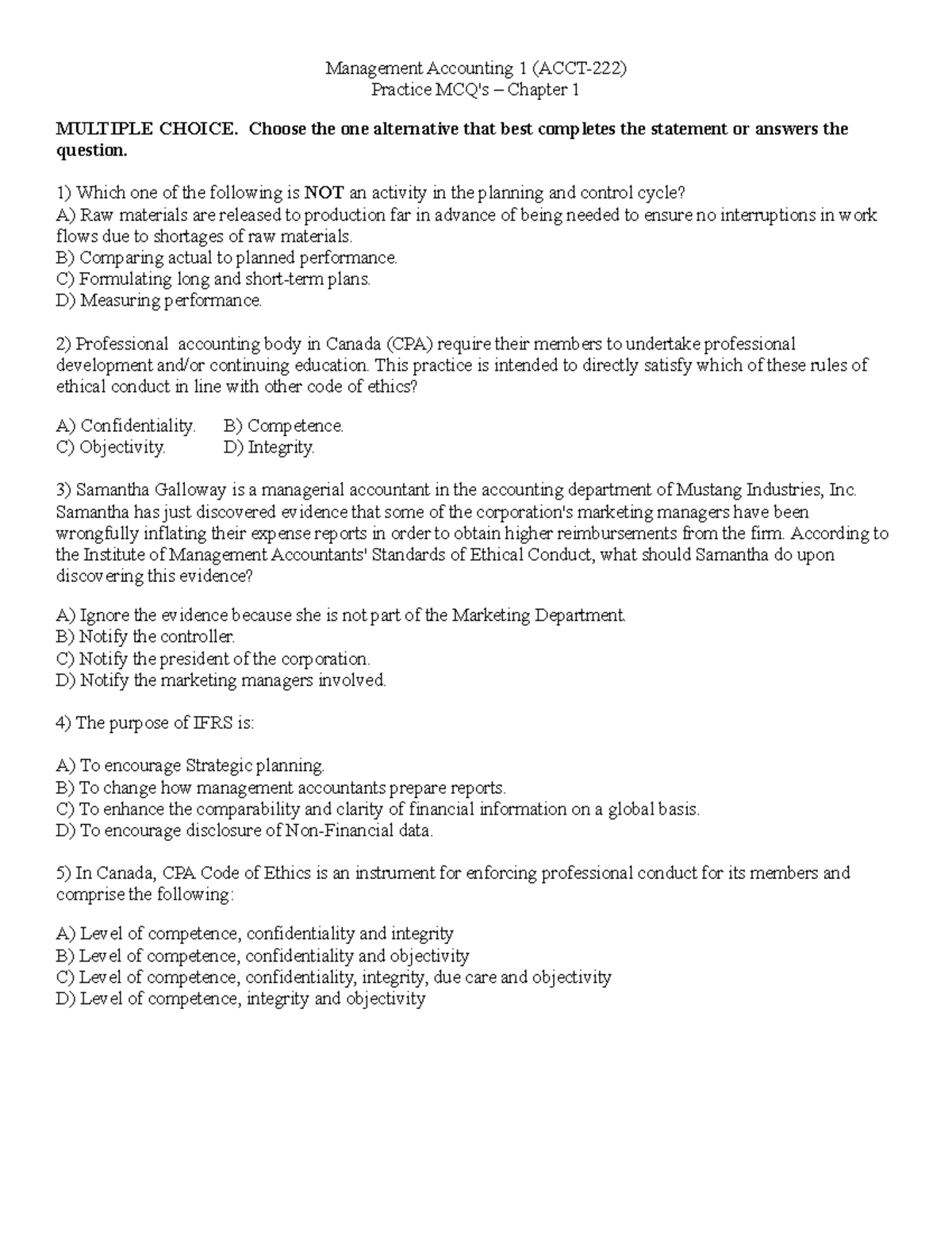 Practice exercises for chapter 1 - Management Accounting 1 (ACCT-222 ...