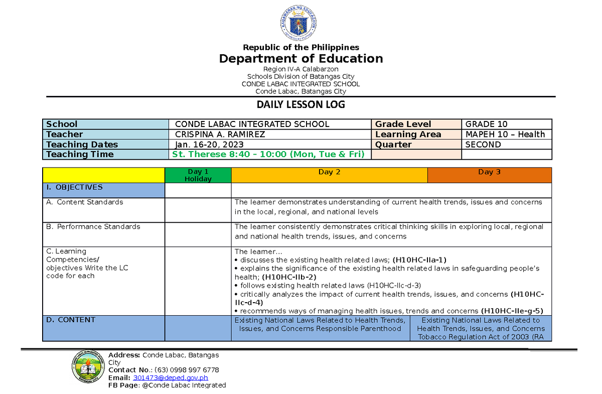 8th week - sample dll on mapeh 10 - Department of Education Region IV-A ...