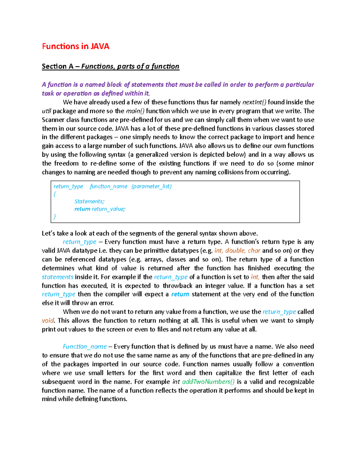 Functions I don't know really - Func%ons in JAVA Sec %on A – Func %ons, parts of a func%on A ...