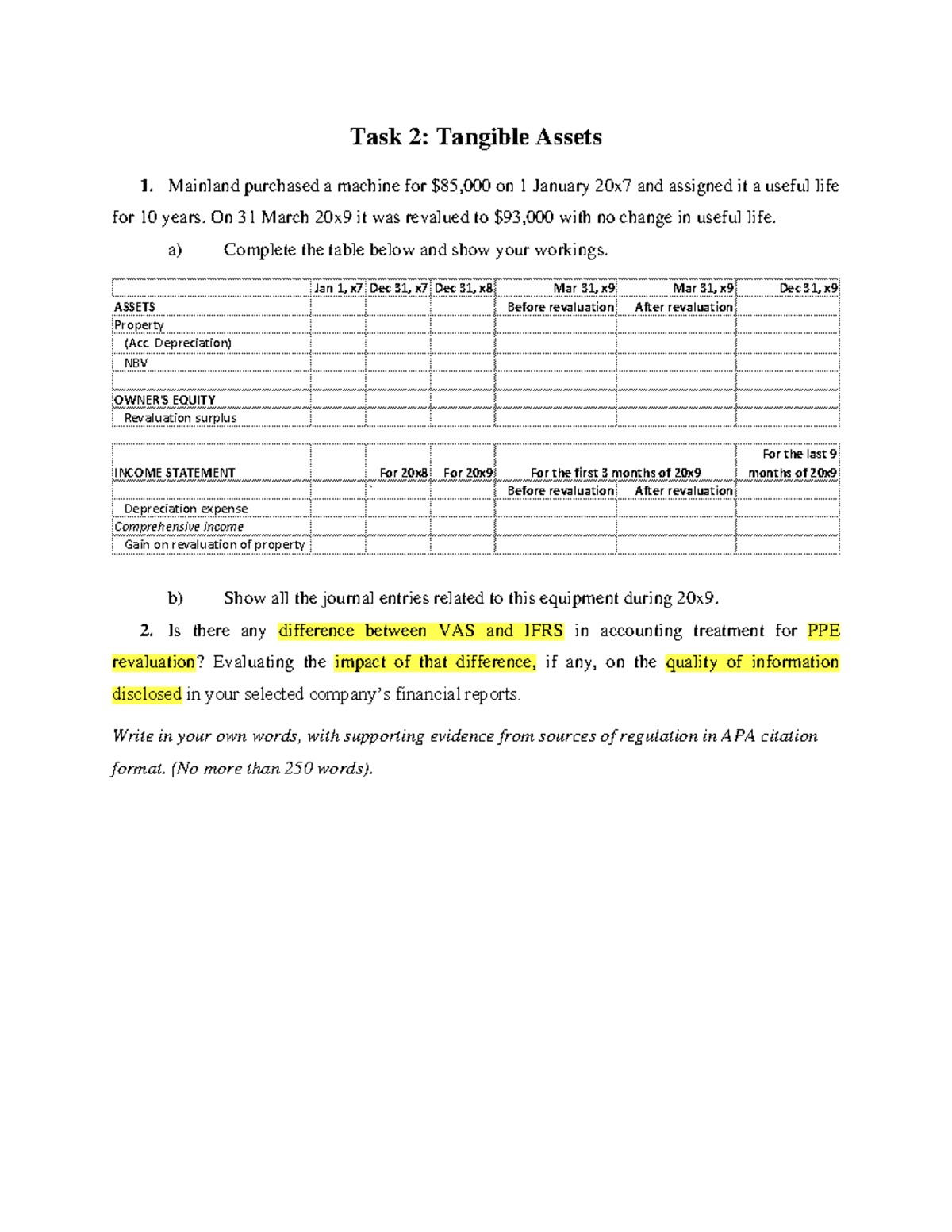 Task 2 Tangible Assets Question - Task 2: Tangible Assets 1. Mainland purchased a machine for ...