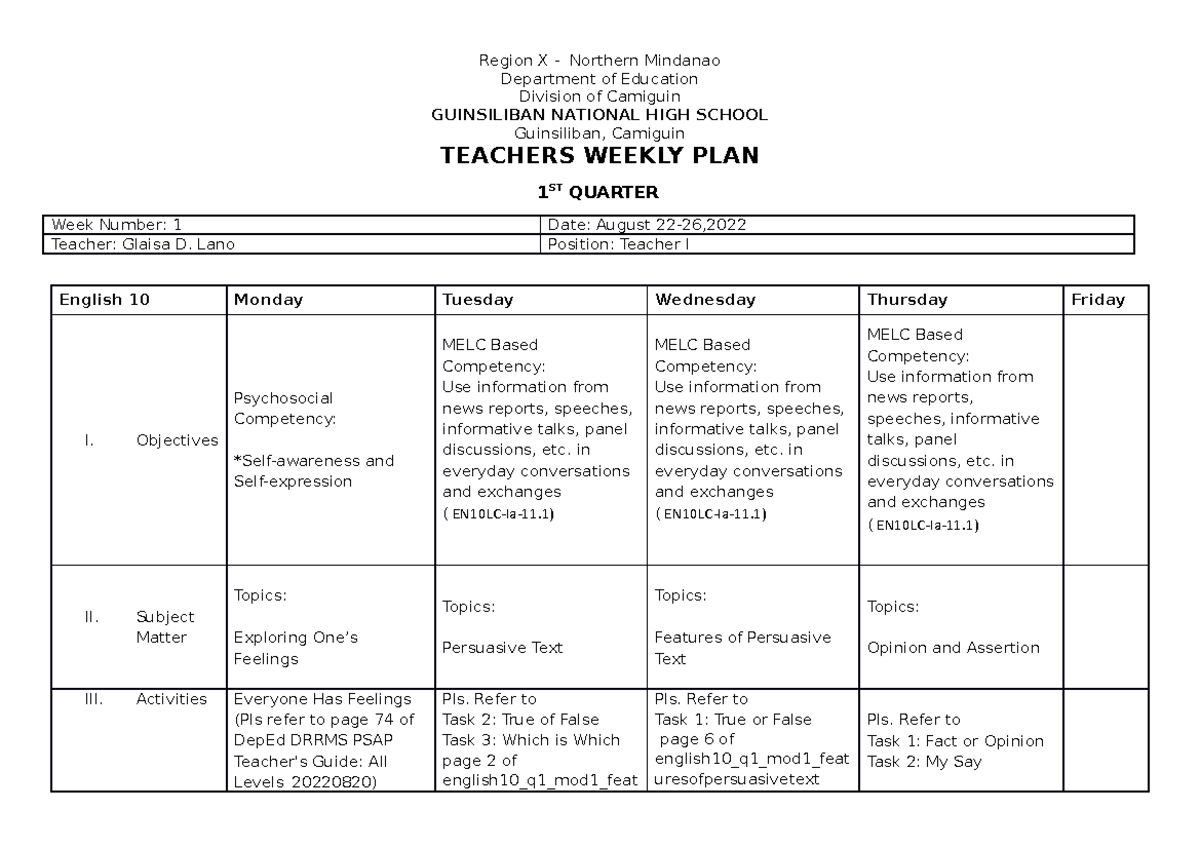 Weekly-PLAN Eng10 Week1 - Region X - Northern Mindanao Department of ...