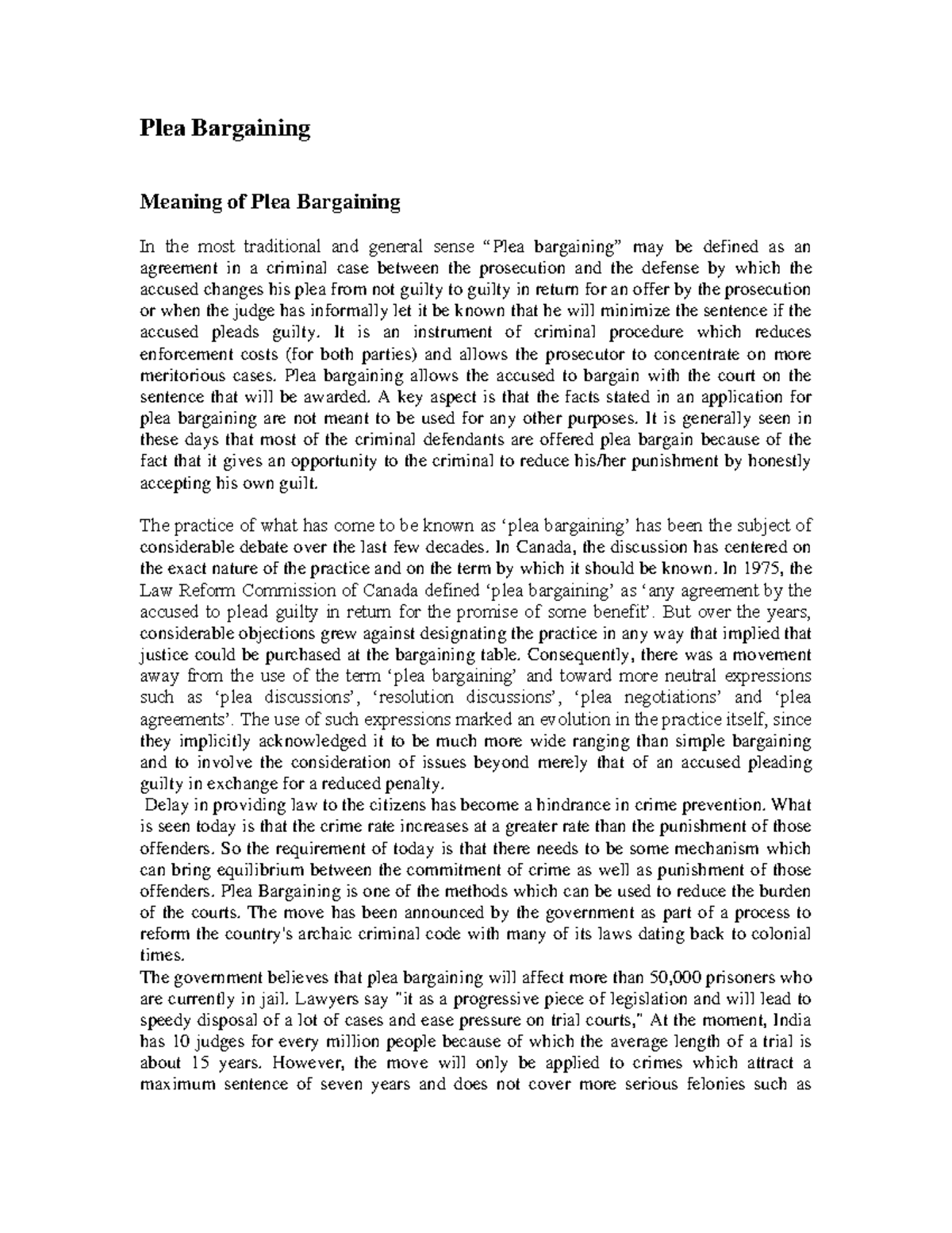 LL.M. 203 Unit 4.Plea Bargaining - Plea Bargaining Meaning of Plea ...