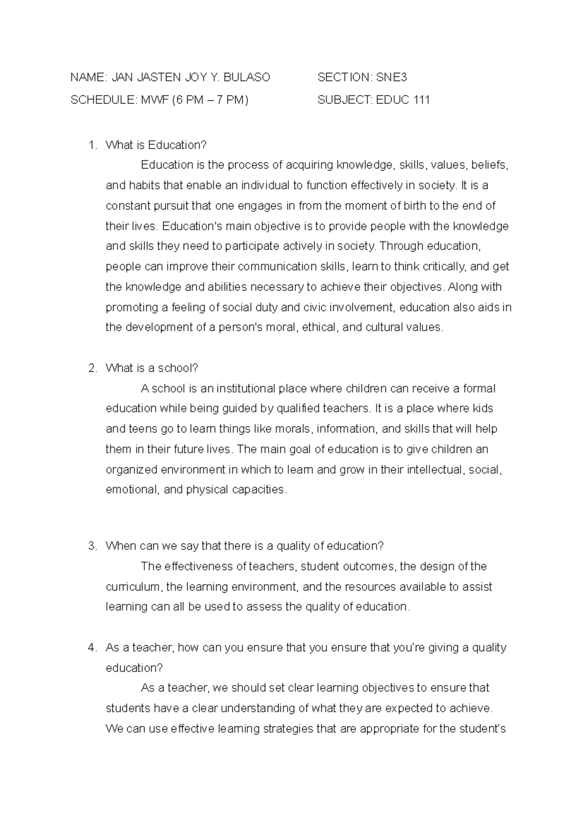 SNE3- EDUC111- Bulaso - Education - NAME: JAN JASTEN JOY Y. BULASO ...