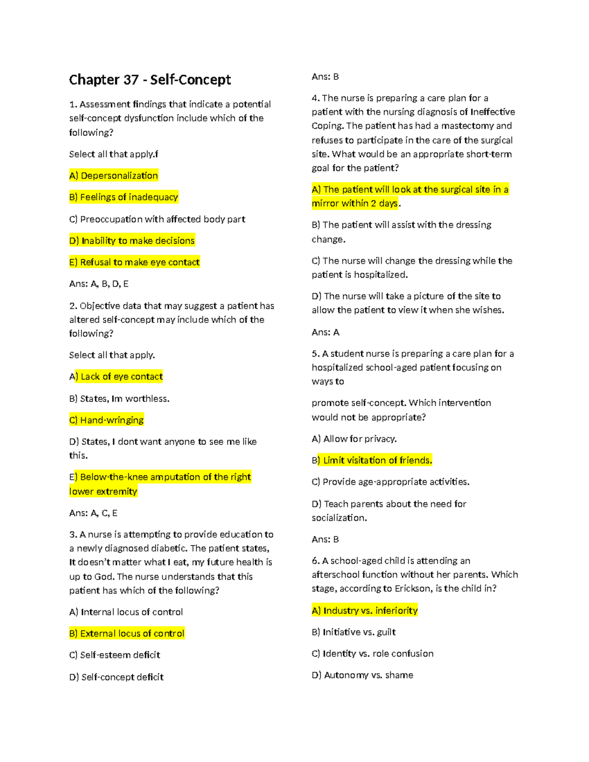 chapter 37 , 3 , 4, 10 practice questions - Chapter 37 - Self-Concept ...