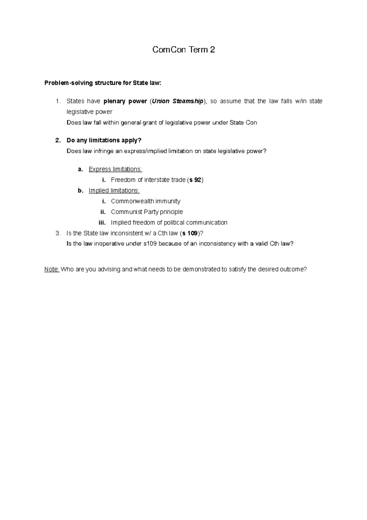 Com Con Summary - ComCon Term 2 Problem-solving structure for State law ...