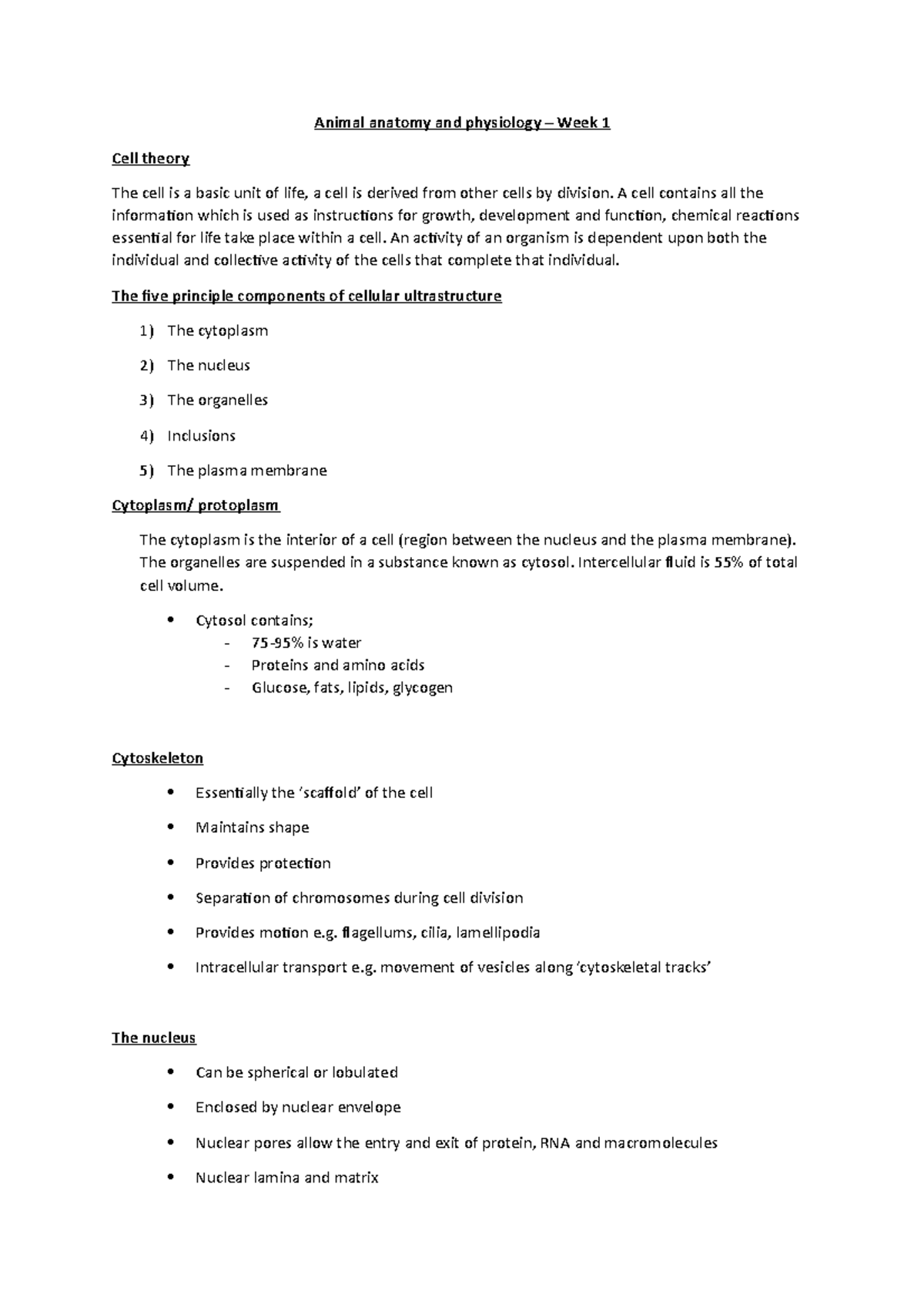 Cell notes and revision - Animal anatomy and physiology – Week 1 Cell ...