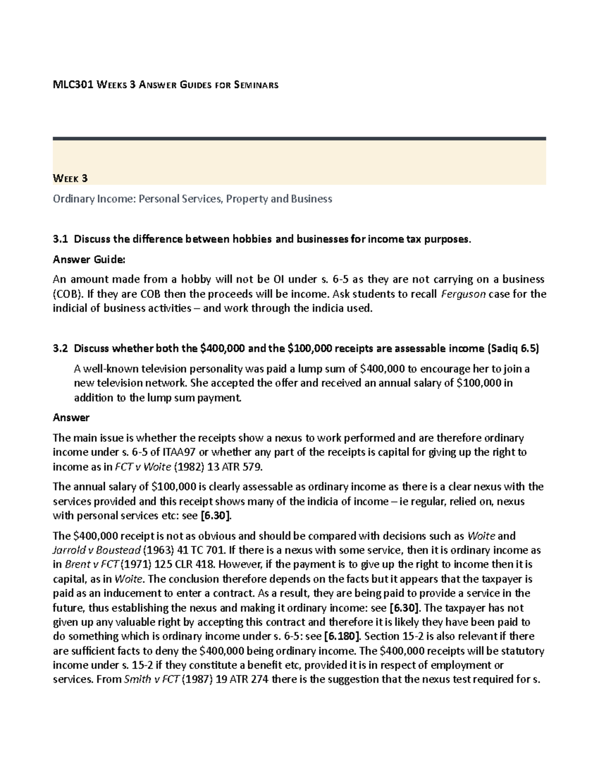 MLC301 T1 2021 Seminar Document Week 3 Answers - MLC301 WEEKS 3 ANSWER GUIDES FOR SEMINARS WEEK ...
