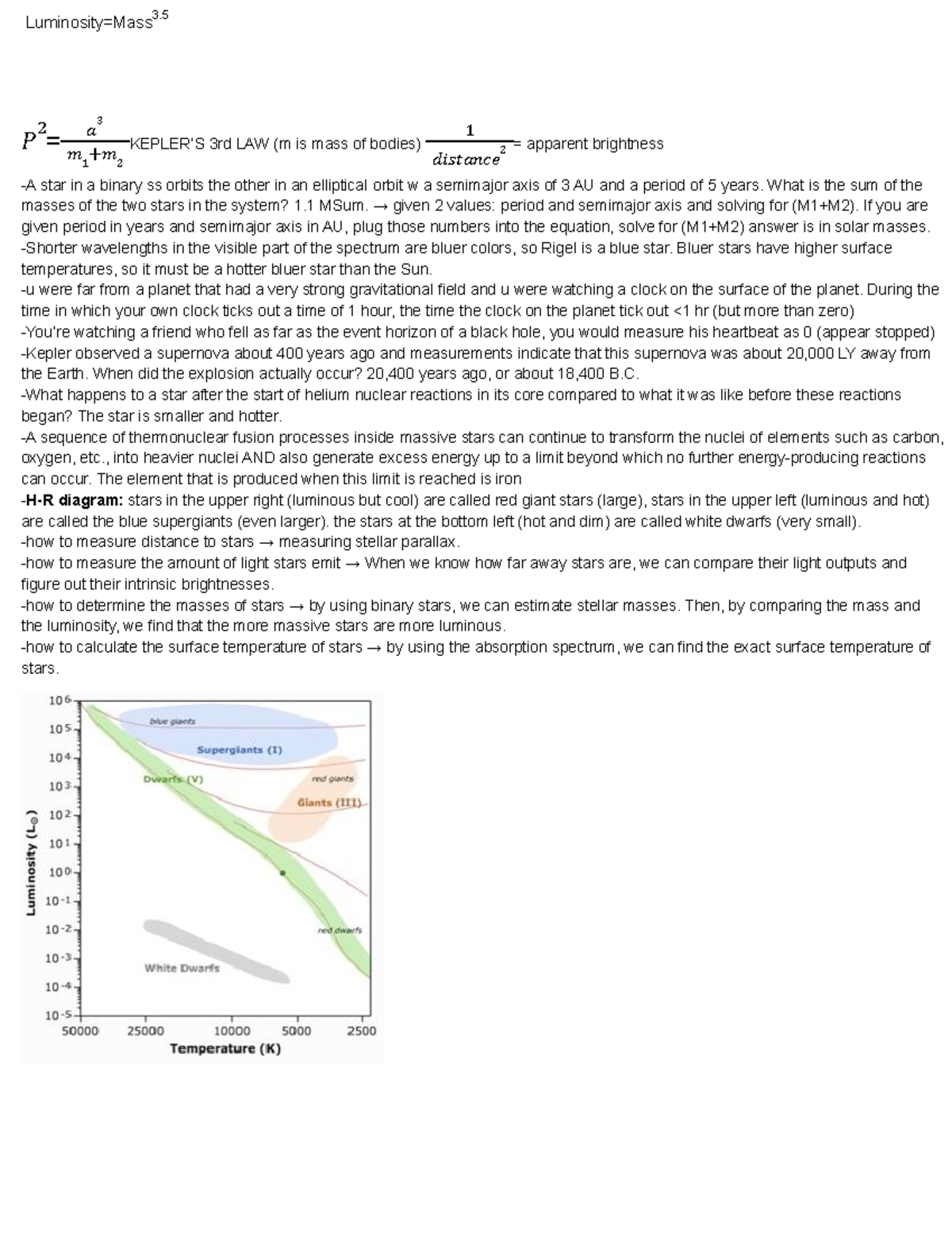 ASTR 100 2nd midterm cheat sheet - back side - Luminosity=Mass3. 𝑃 = KEPLER’S 3rd LAW (m is mass ...