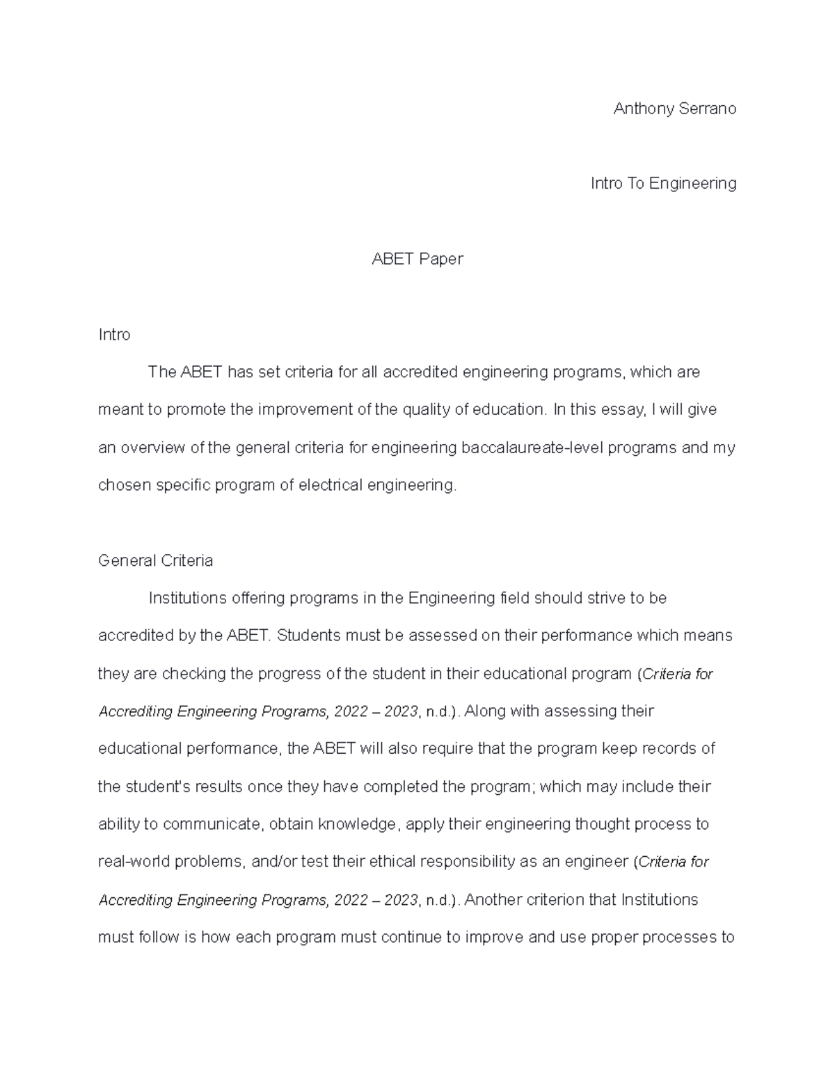 ABET Paper - Anthony Serrano Intro To Engineering ABET Paper Intro The ...