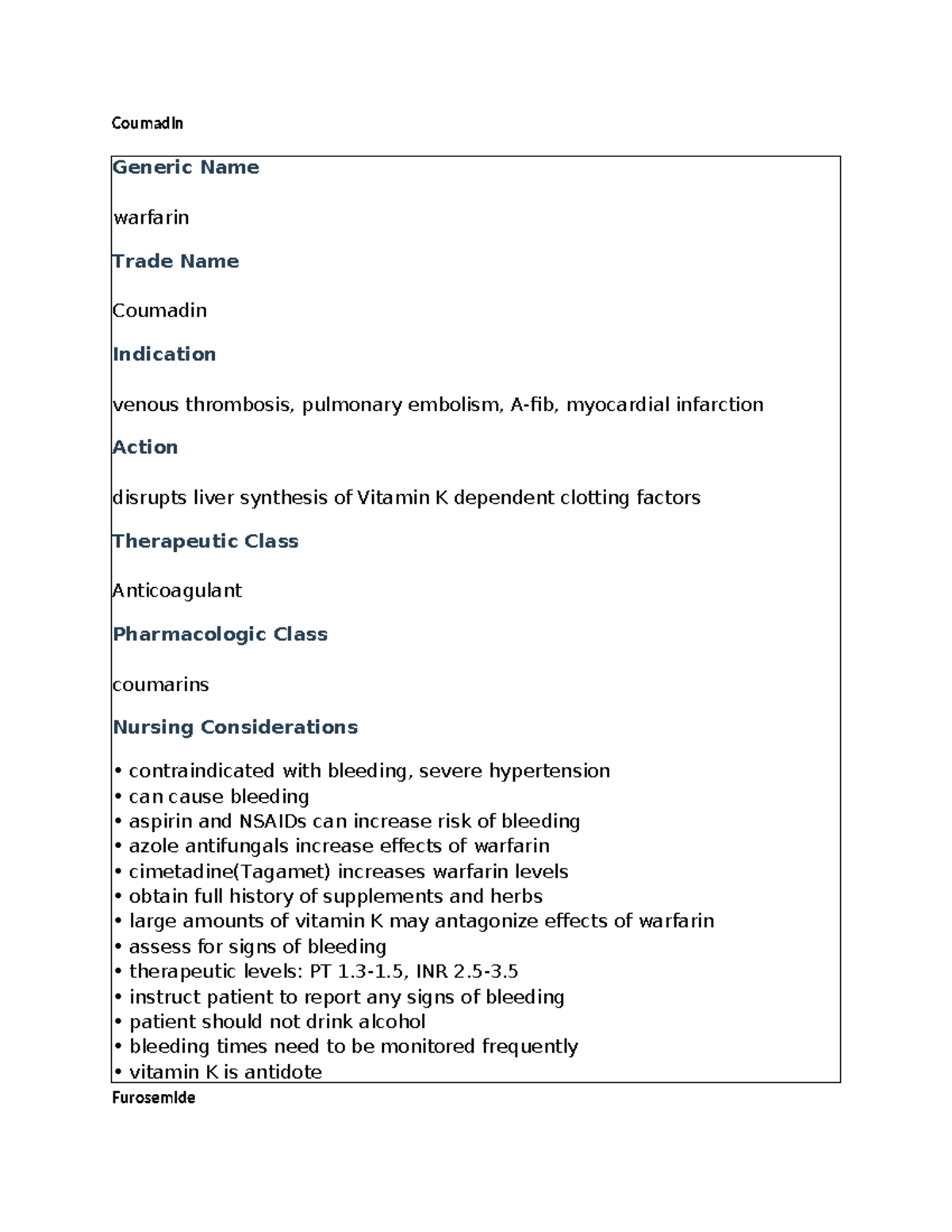 Medication cards 7 - seven meds to remember - Coumadin Generic Name ...