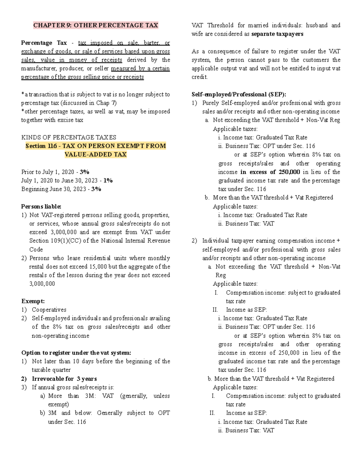 Chapter 9 Other Percentage Taxes Reviewer - CHAPTER 9: OTHER PERCENTAGE ...