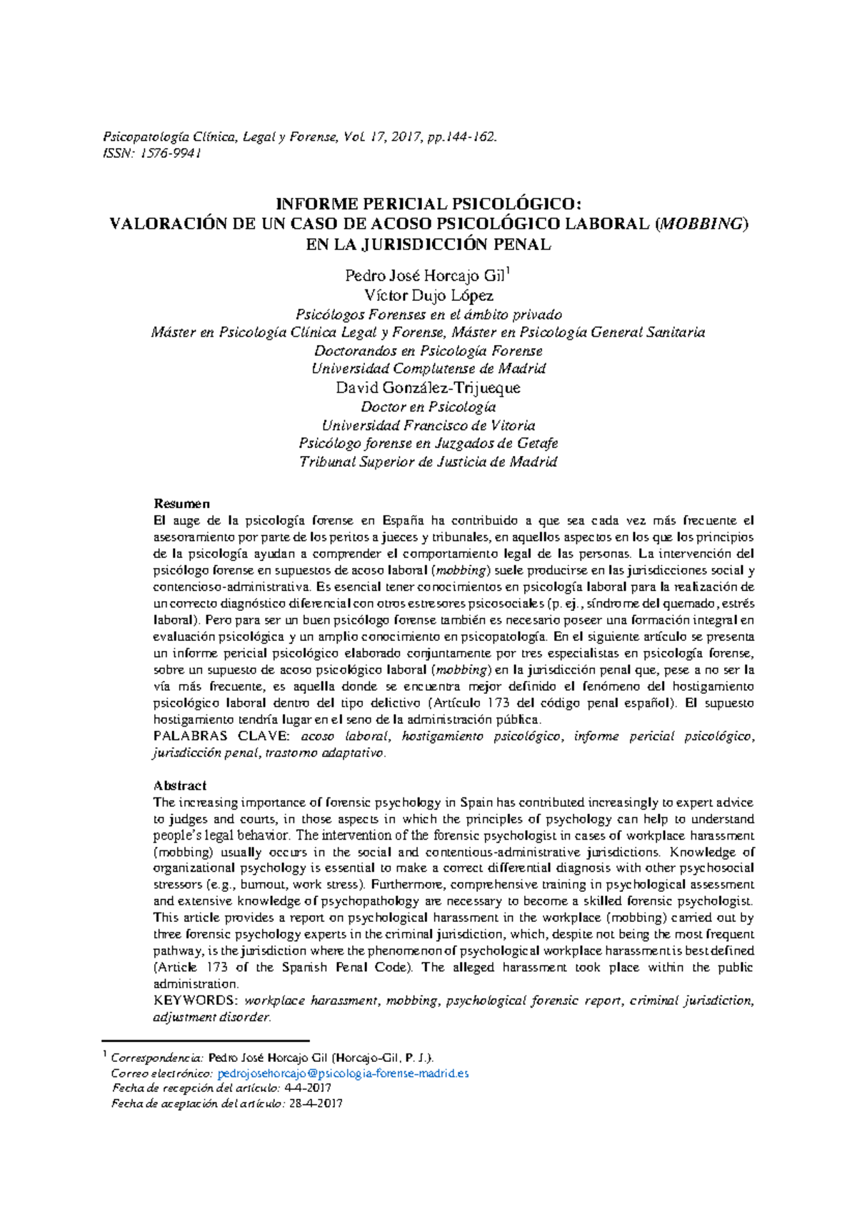 Informe Pericial Psicologico - Psicopatología Clínica, Legal y Forense, Vol. 17, 2017, pp- 16 2 ...