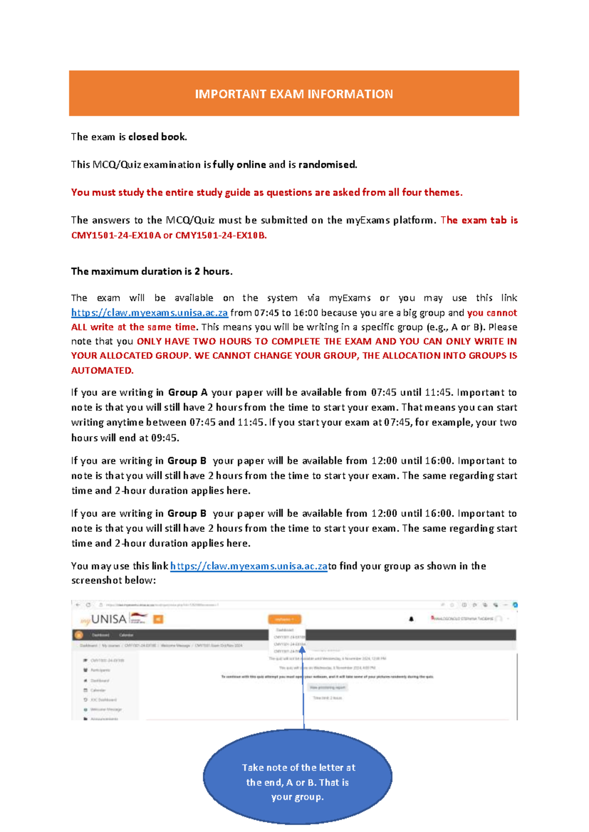 Important EXAM Information - CMY1501 - 6 November 2024 - 1 IMPORTANT ...
