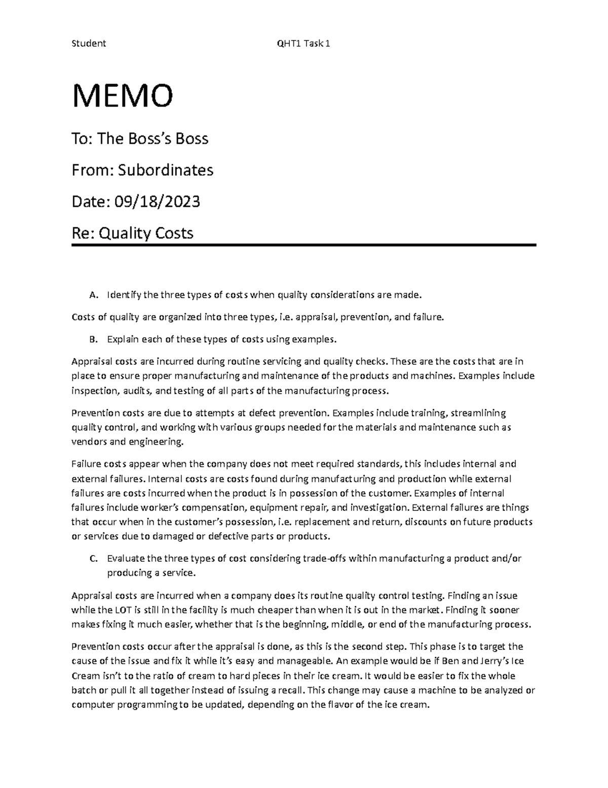 Task 1 - Business Management Tasks QHT1 - Student QHT1 Task 1 MEMO To ...