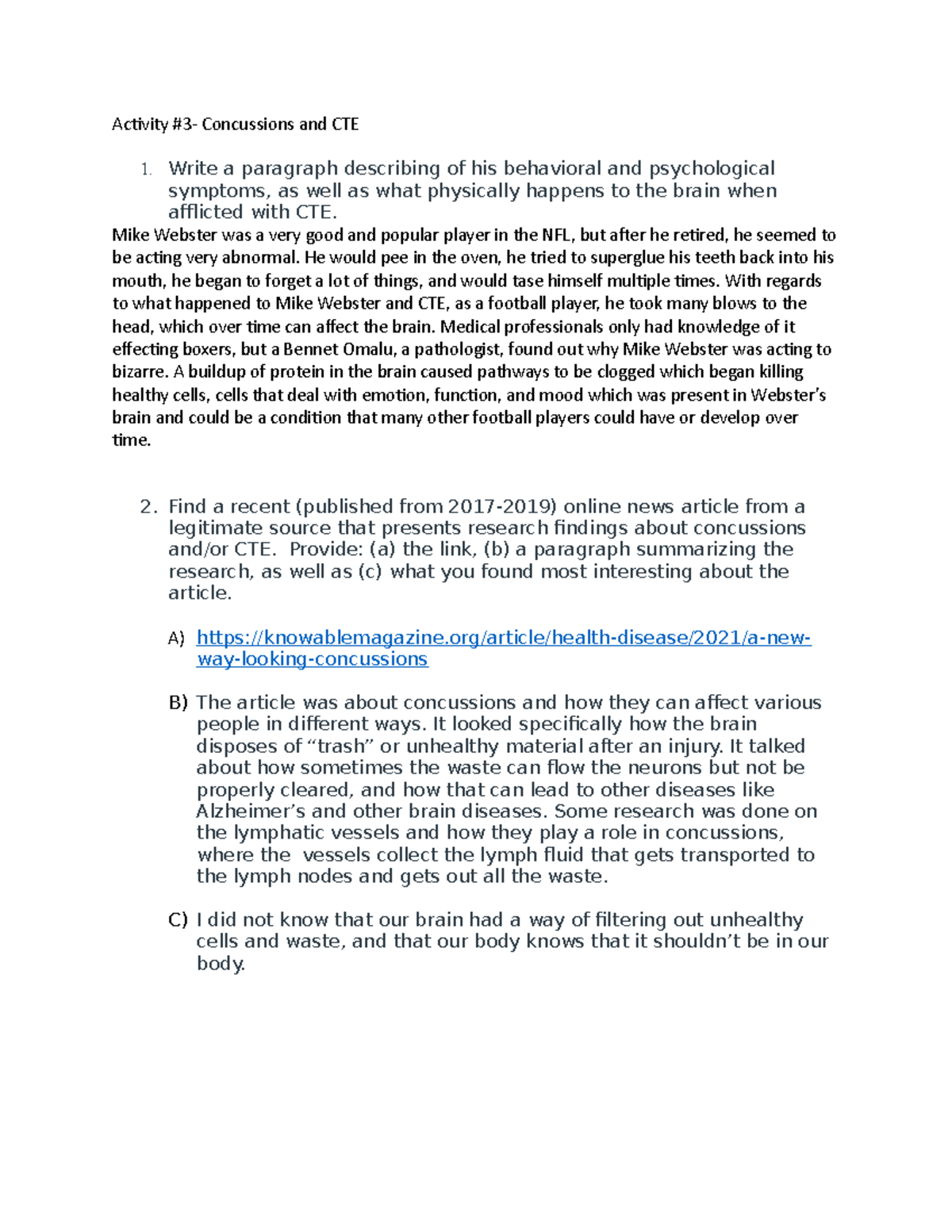 Activity #3 Concussions and CTE Psych 100H - Activity #3- Concussions ...