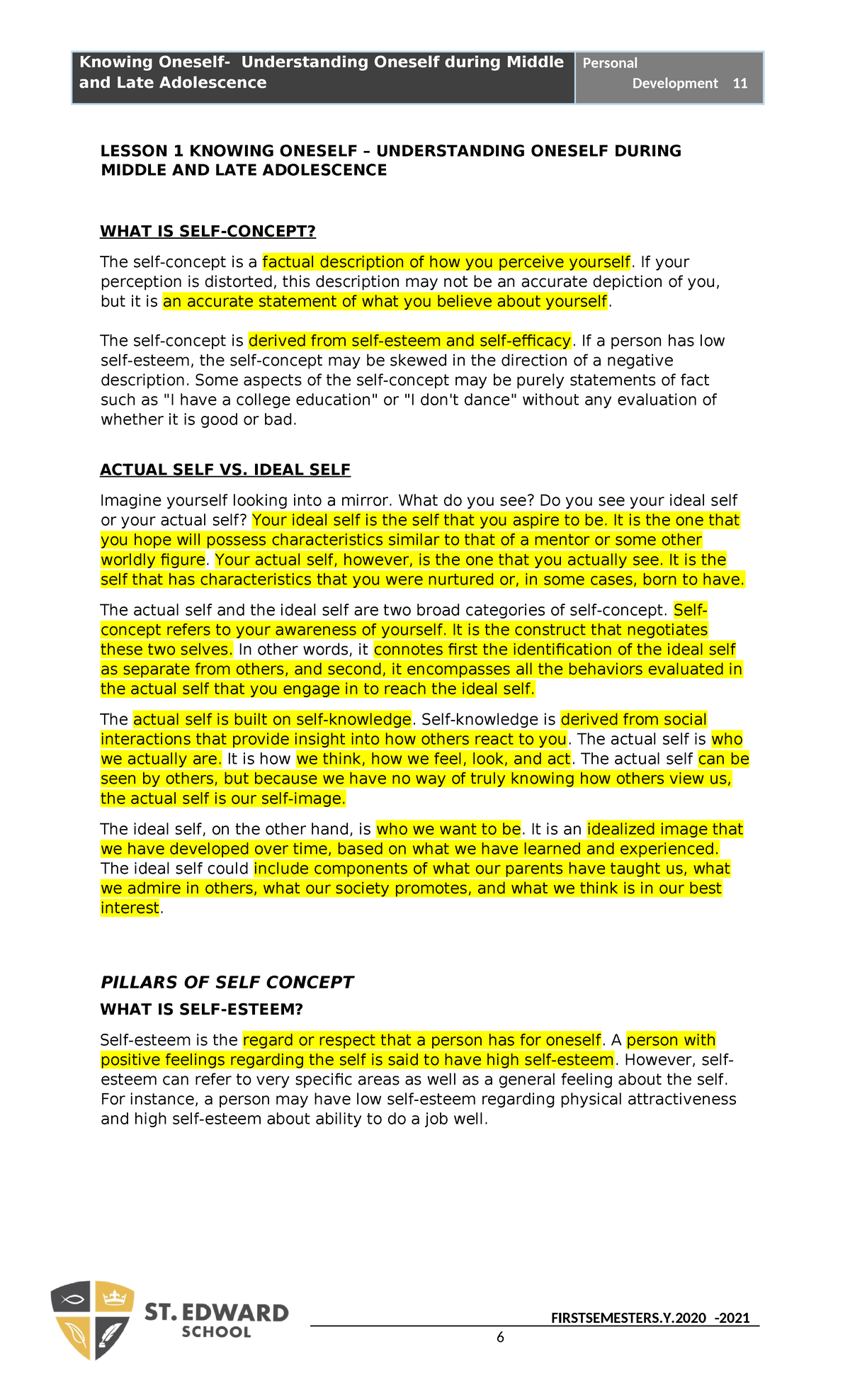 Lesson 1 Knowing Oneself Copy - FIRSTSEMESTERS.Y - 2021 LESSON 1 ...