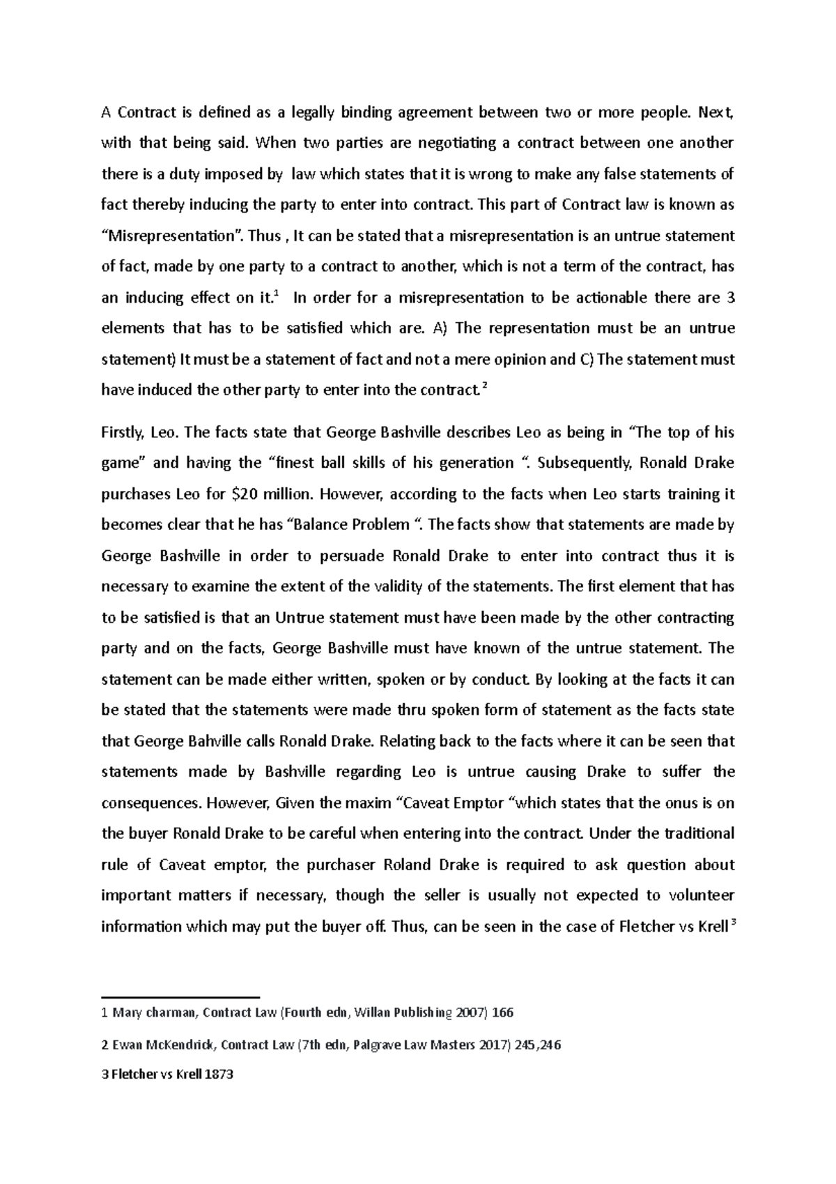 Misrepresentation Problem Example - A Contract is defined as a legally ...