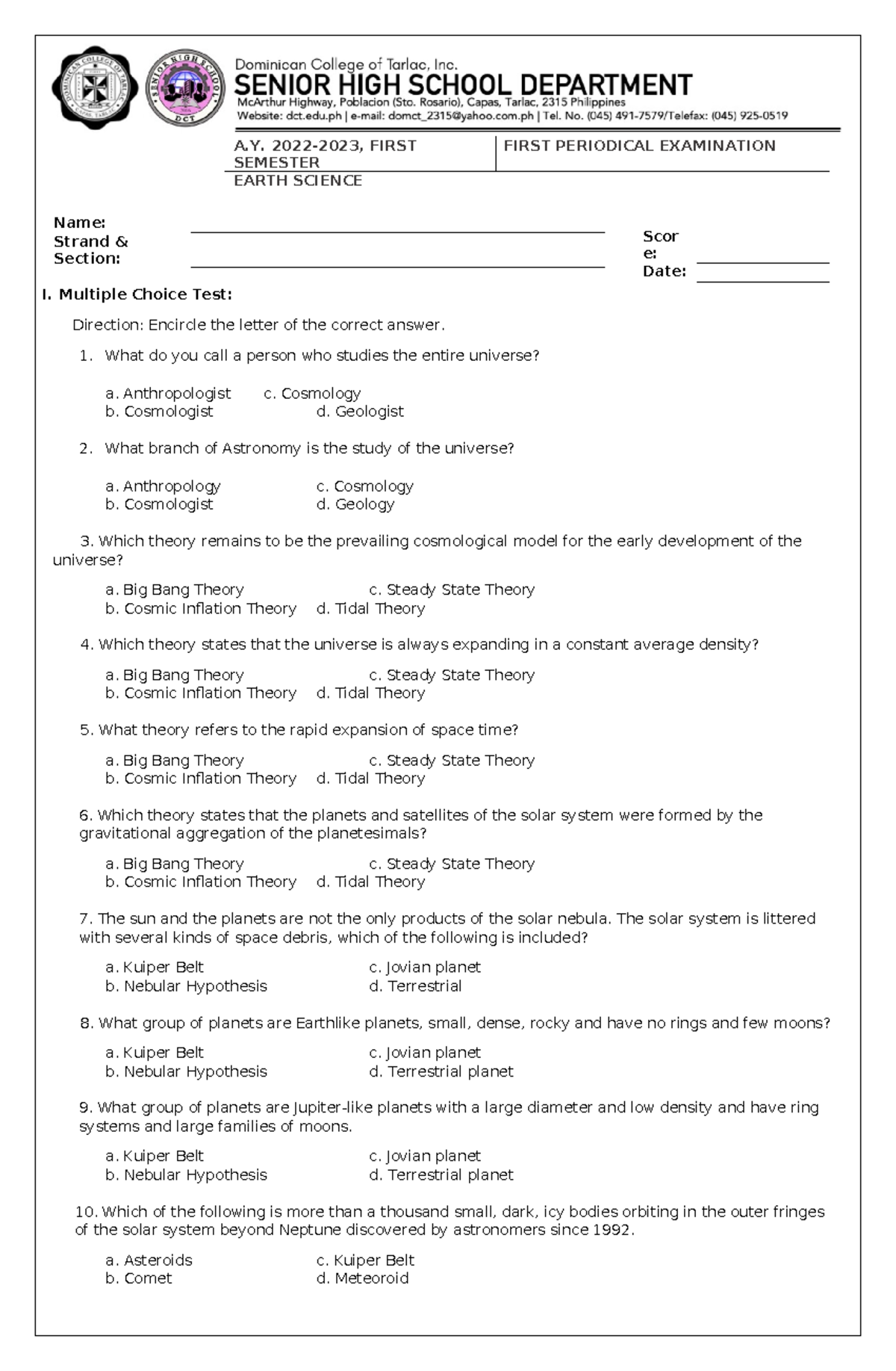 Earth Science 1ST Periodical EXAM - Name: Strand & Section: I. Multiple ...