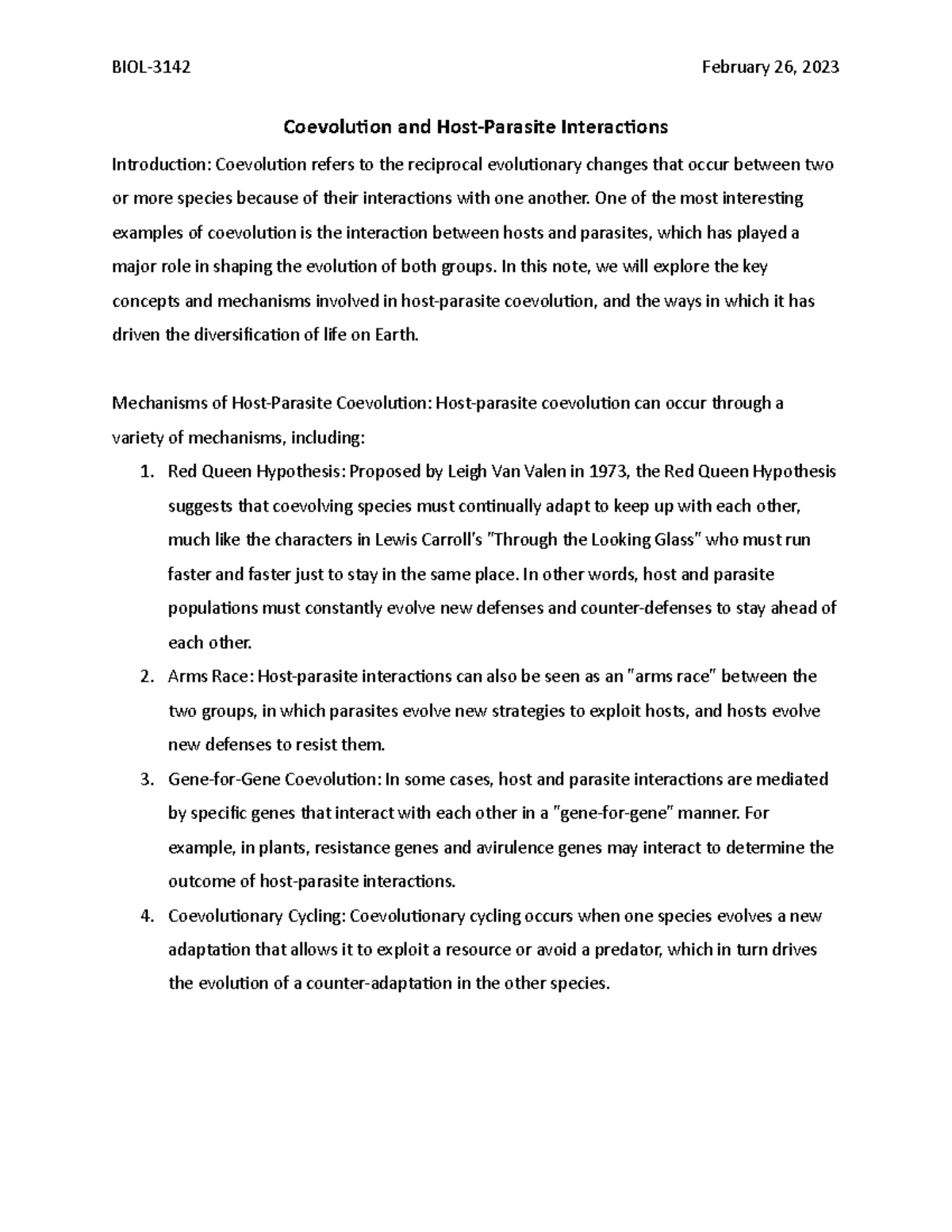 Coevolution and Host-Parasite Interactions - BIOL-3142 February 26 ...