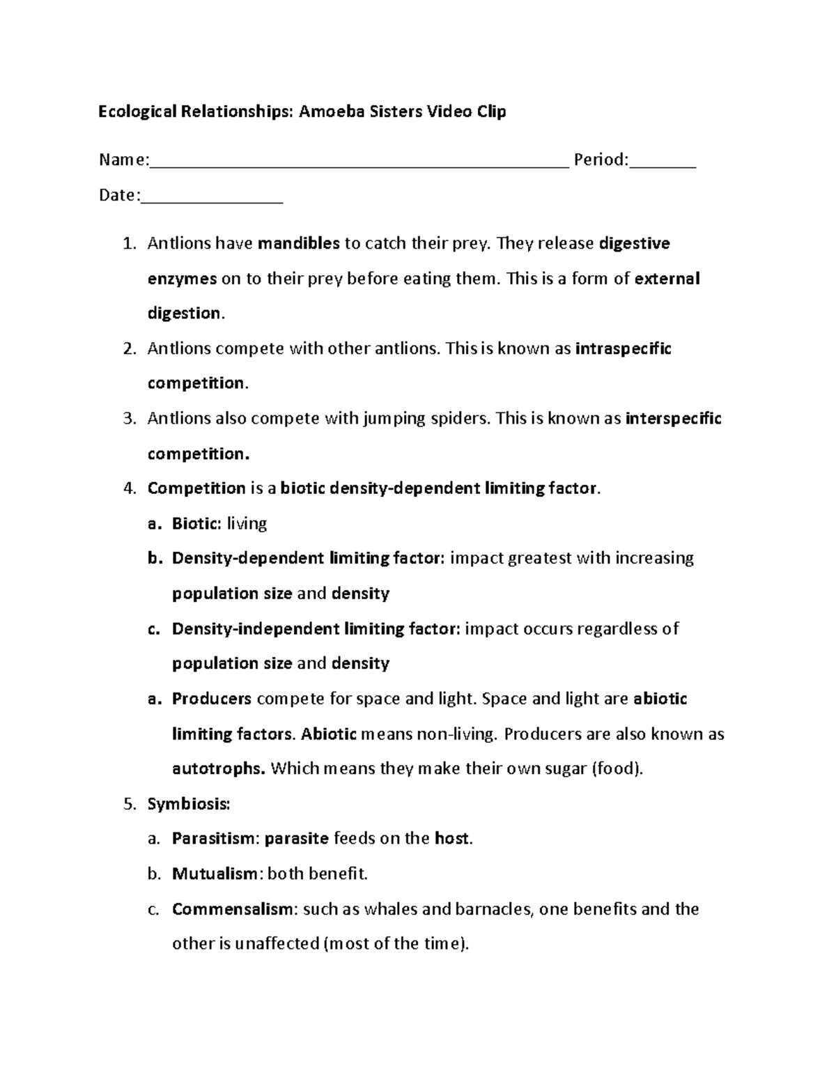 Ecological Relationships Amoeba Sisters Video Clip Answers - Ecological ...