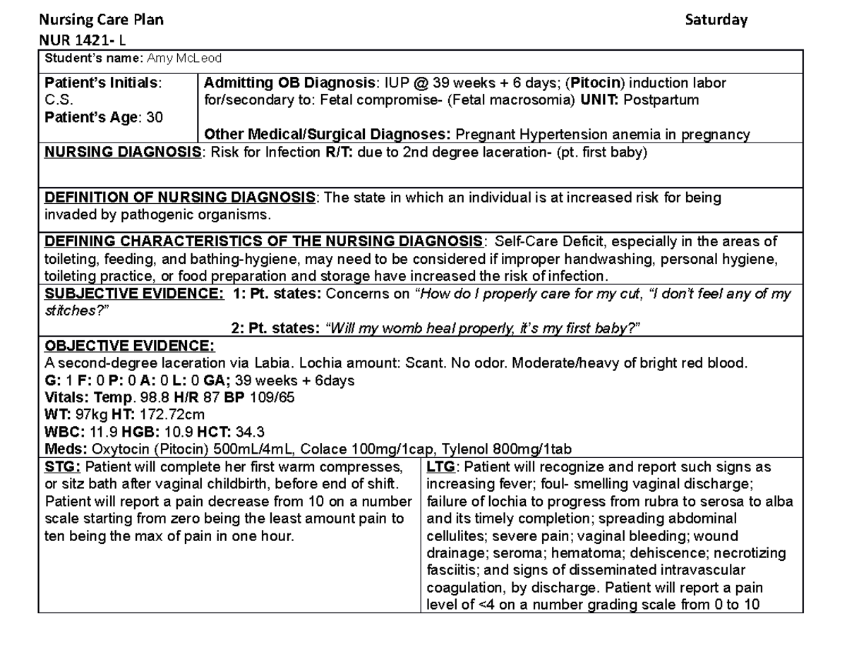 Nursing Care Plan OB LAB- Revision II (1) - NUR 1421- L Student’s name ...