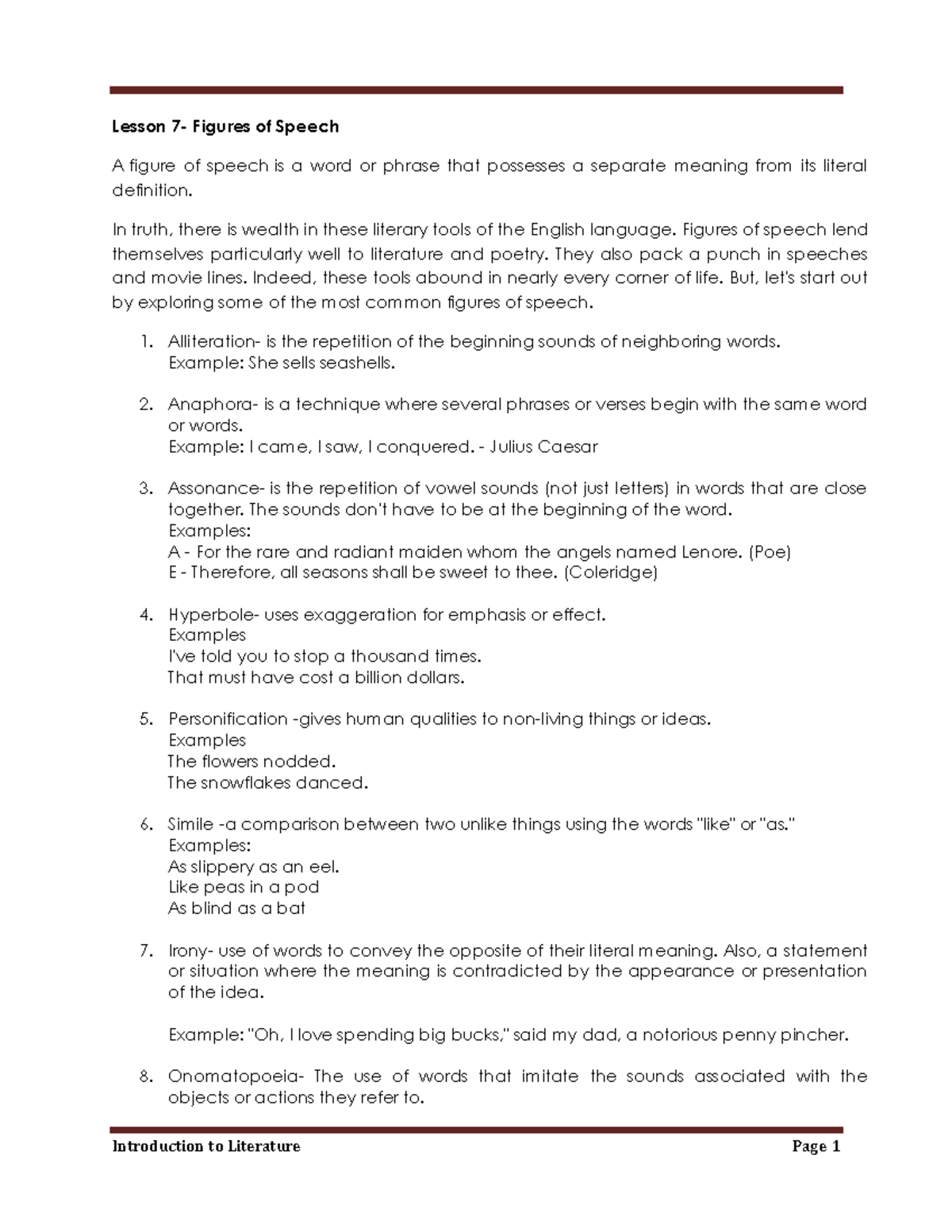 Lesson 5 Figures of Speech - Introduction to Literature Page 1 Lesson 7 ...