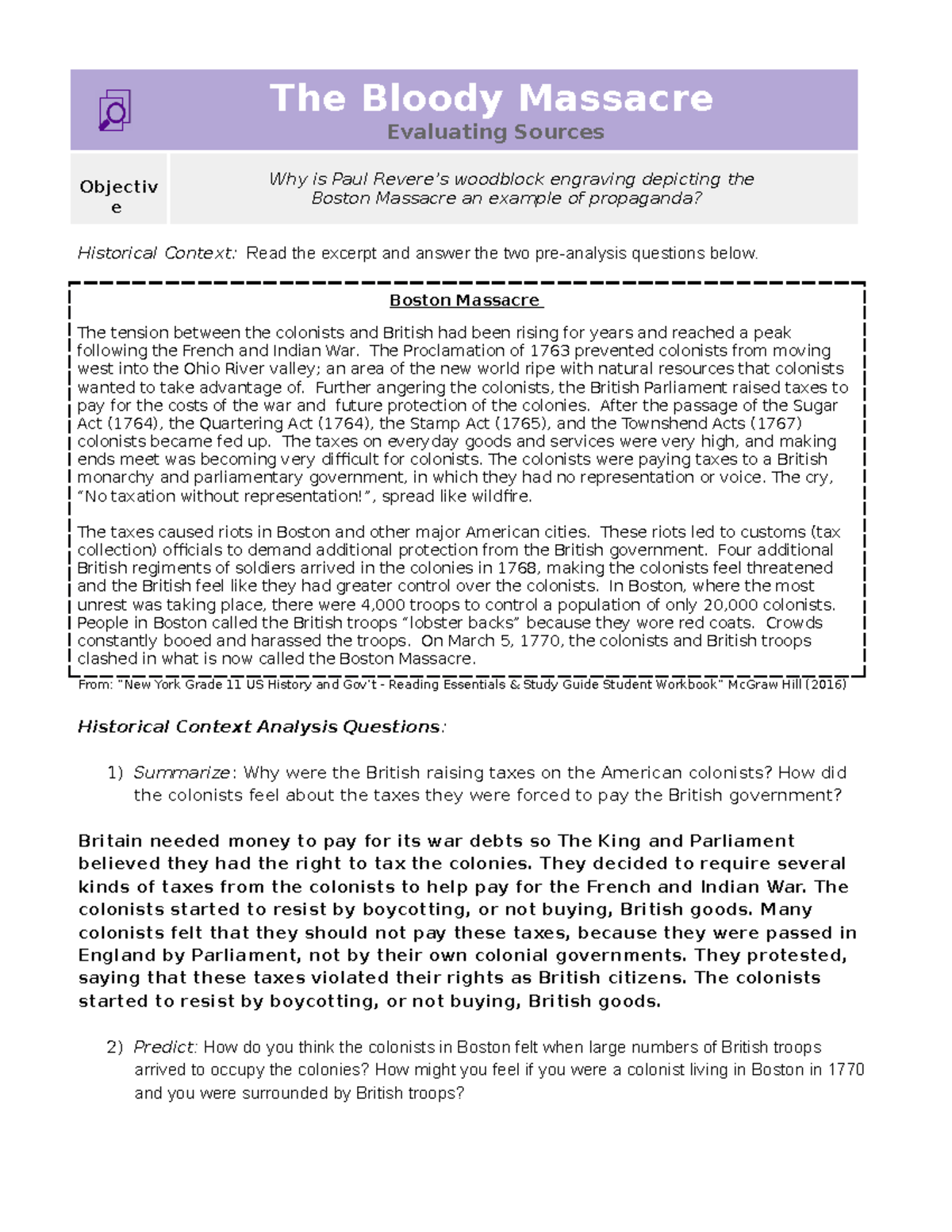 English) Evaluating Sources The Bloody Massacre - The Bloody Massacre ...