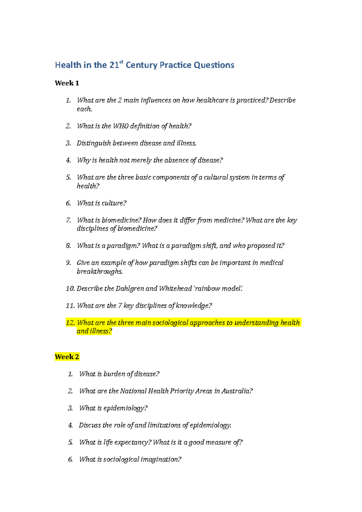 Health in the 21st Century (HLTH1001) Practice Questions - Health in ...