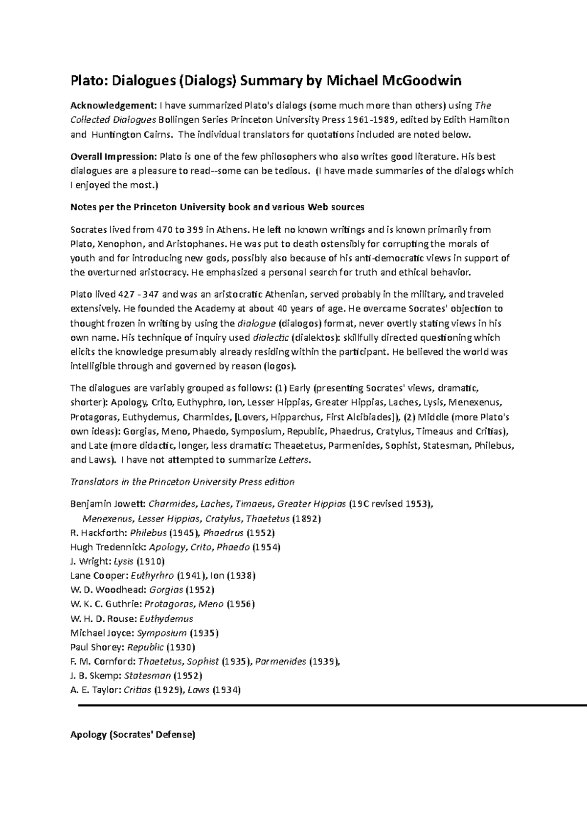 Plato Dialogues (Dialogs) Summary by Michael Mc Goodwin - Plato ...